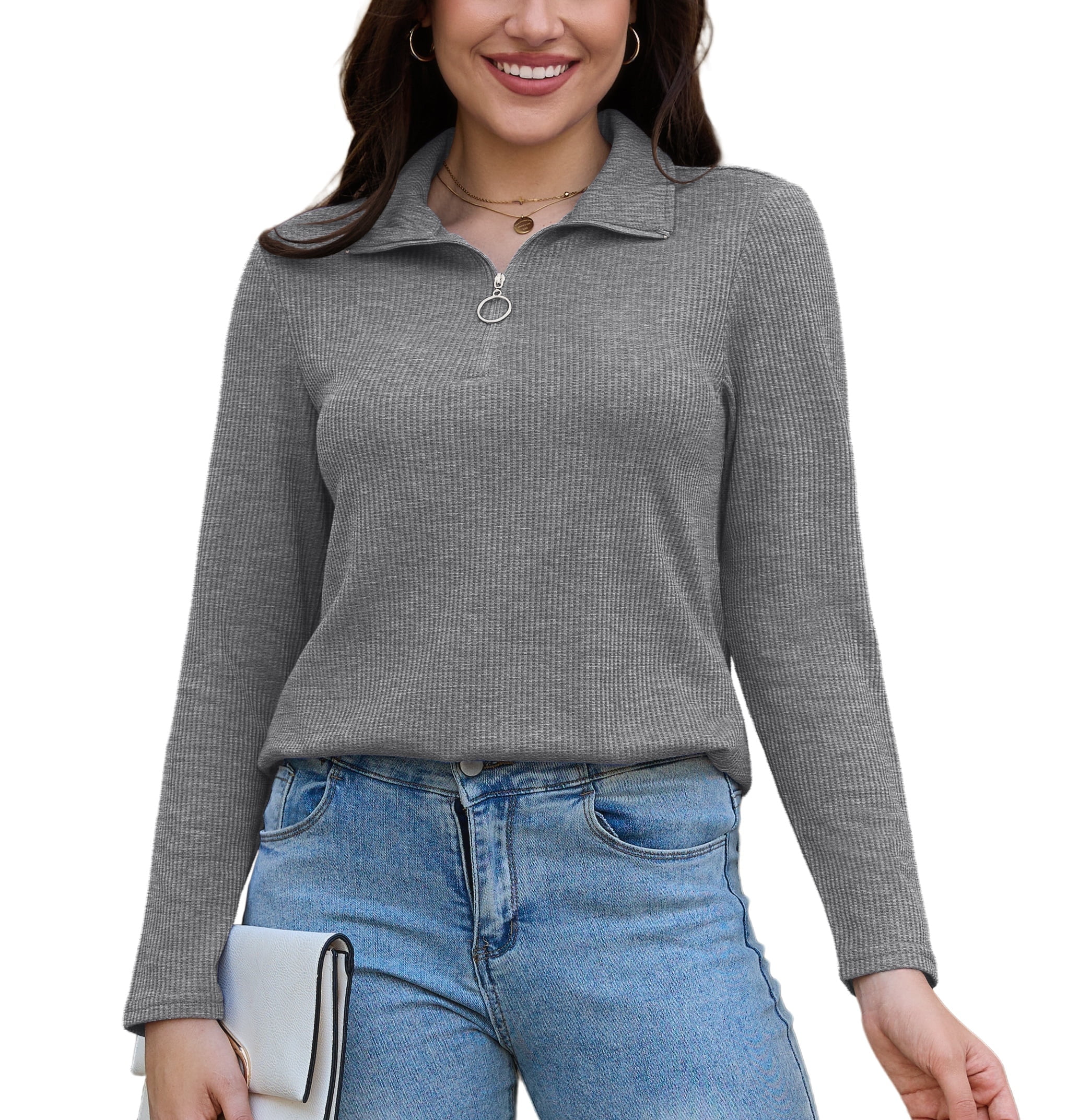 Uvplove Womens Tops Dressy Casual Fall Long Sleeve V Neck Shirts Waffle ...