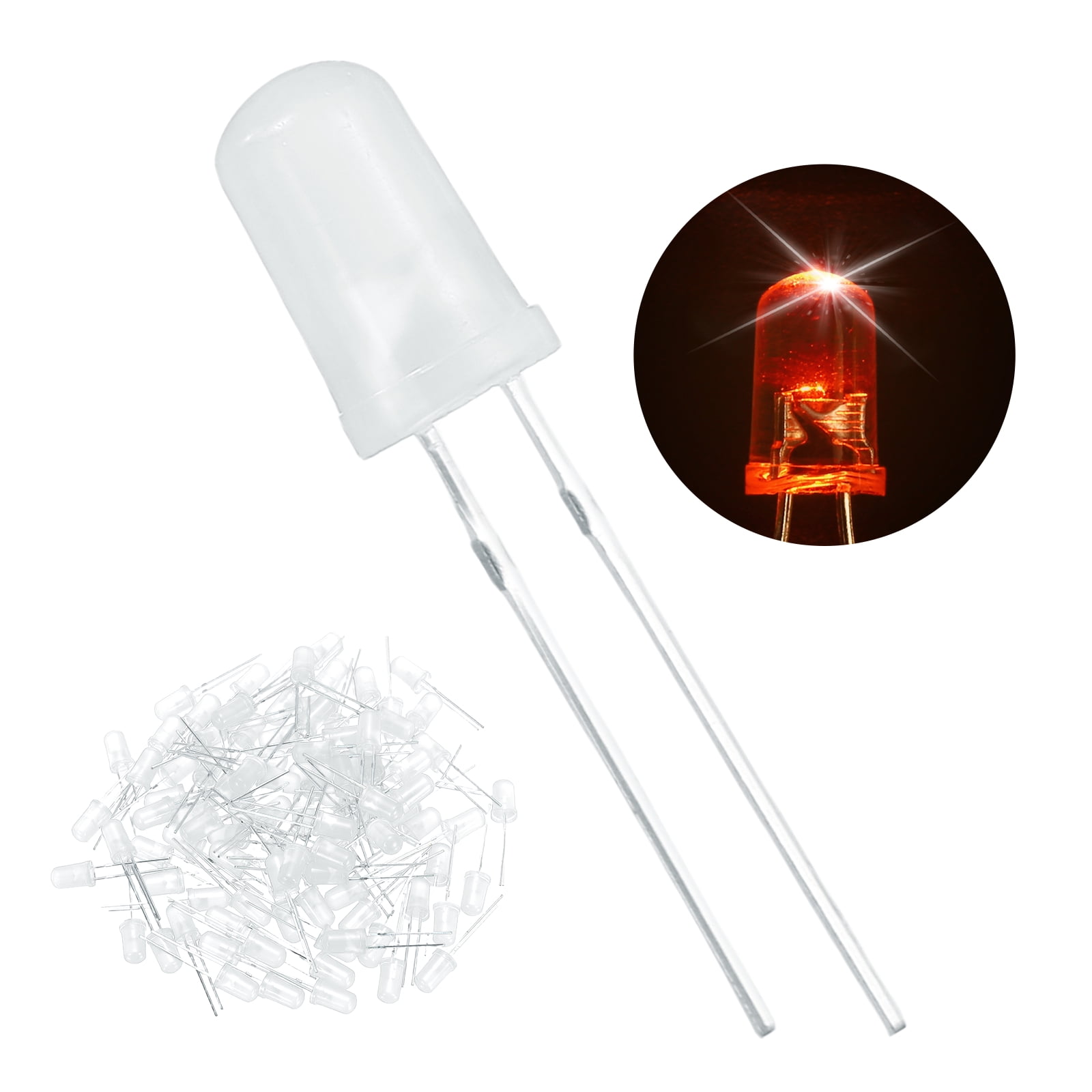 Uxcell 100 Pcs 5mm White LED Diode Lights Round Transparent DC 2V High ...