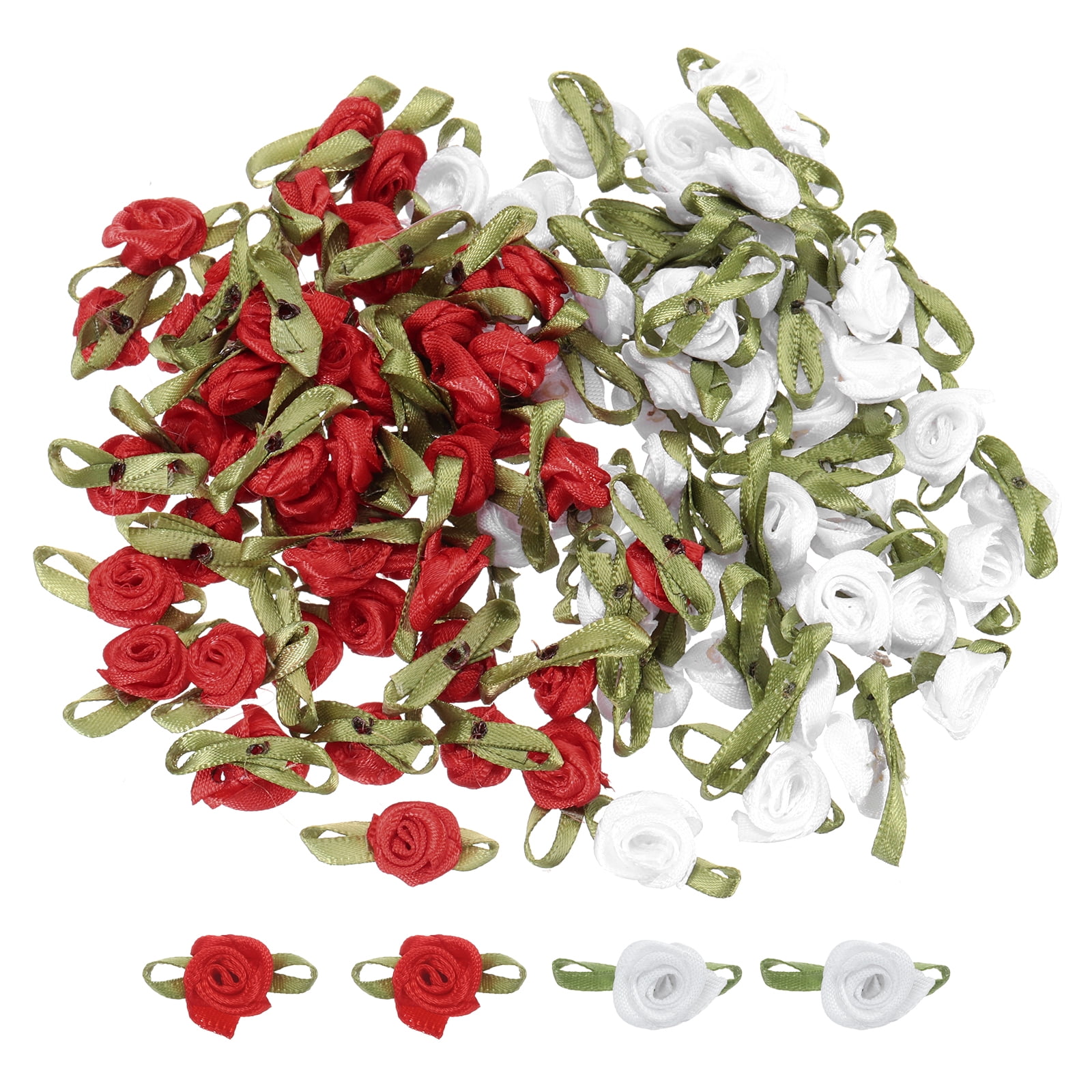 Uxcell 100 Pcs White/Red Ribbon Roses 5/8"x1-3/16" Mini Roses for ...
