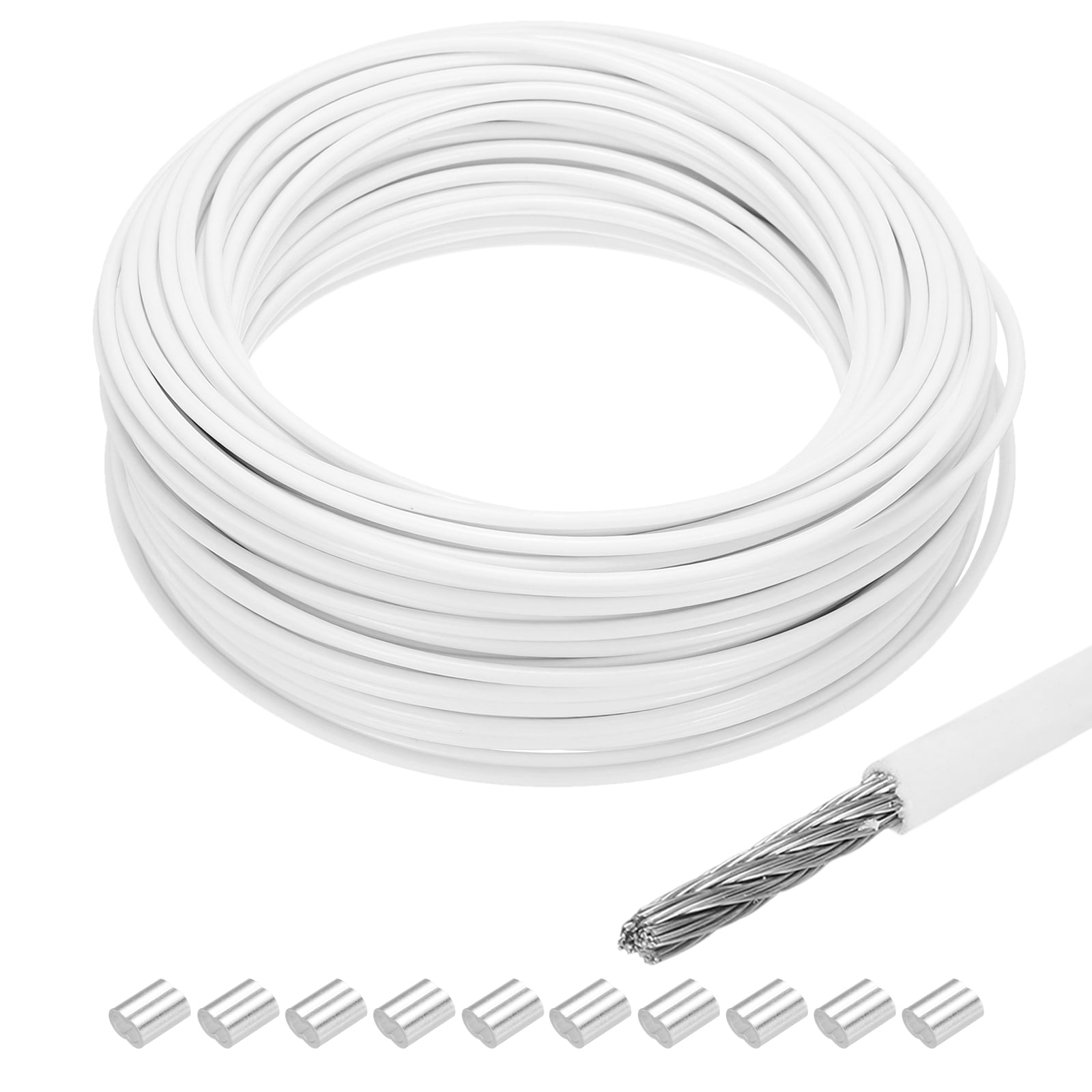 Uxcell 100Ft(30M) Wire Rope 304 Stainless Steel Cable 1/8"(3mm) Vinyl Coated with 10Pcs Aluminum ...
