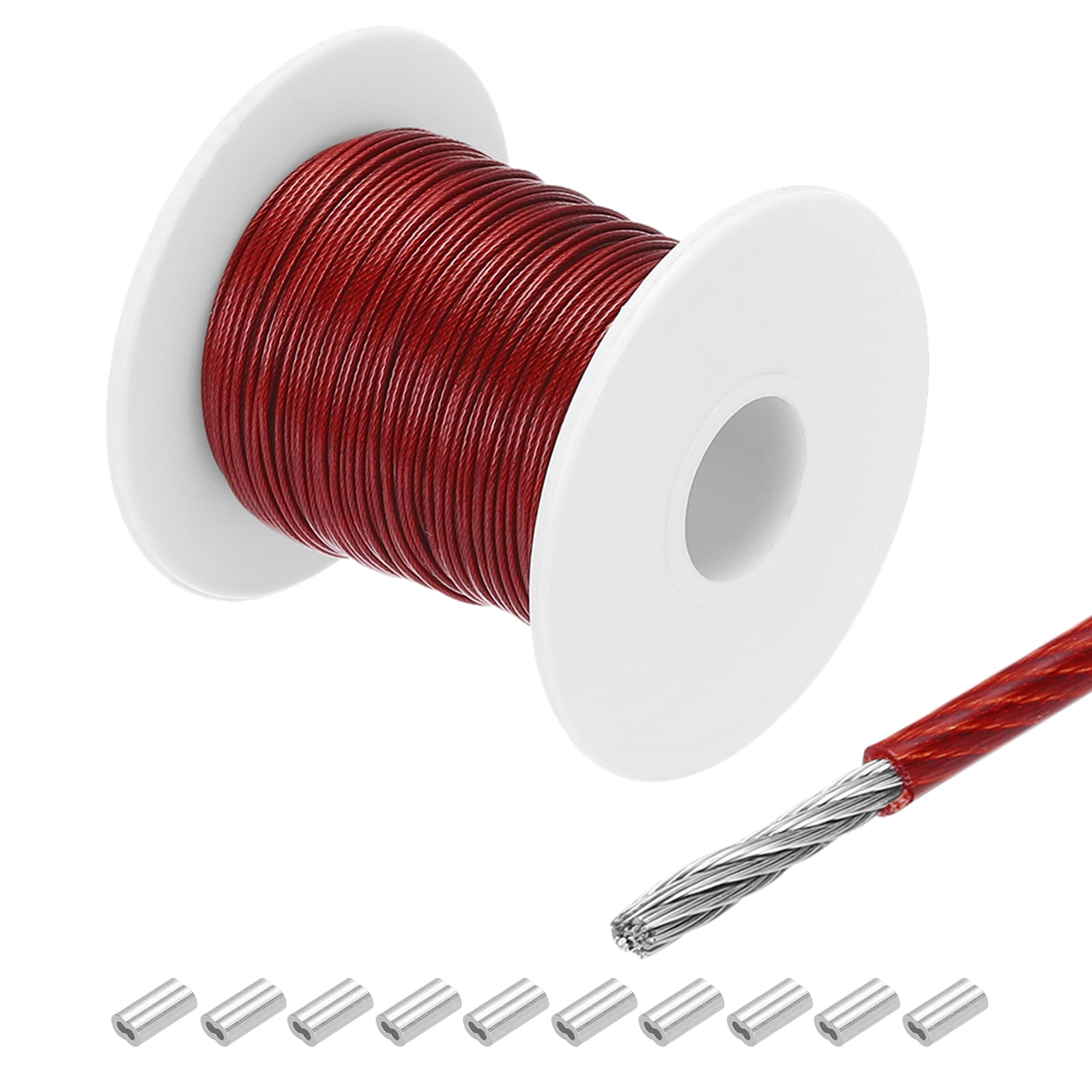 Uxcell 100Ft(30M) Wire Rope 304 Stainless Steel Cable 3/64"(1mm) Vinyl Coated with 10Pcs ...