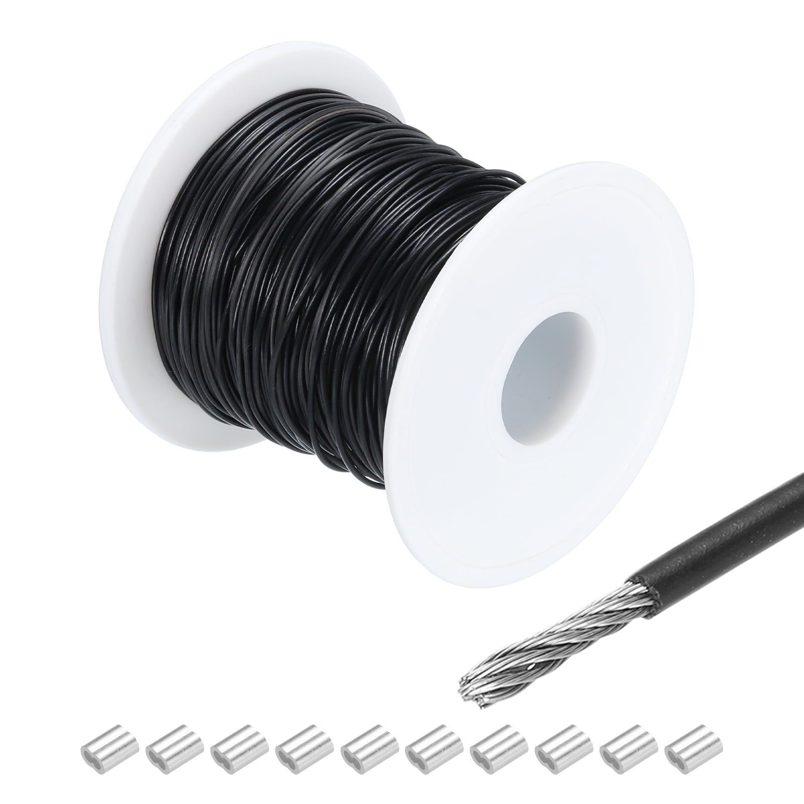 Uxcell 100Ft(30M) Wire Rope 304 Stainless Steel Cable 5/64"(2mm) Vinyl Coated with 10Pcs ...