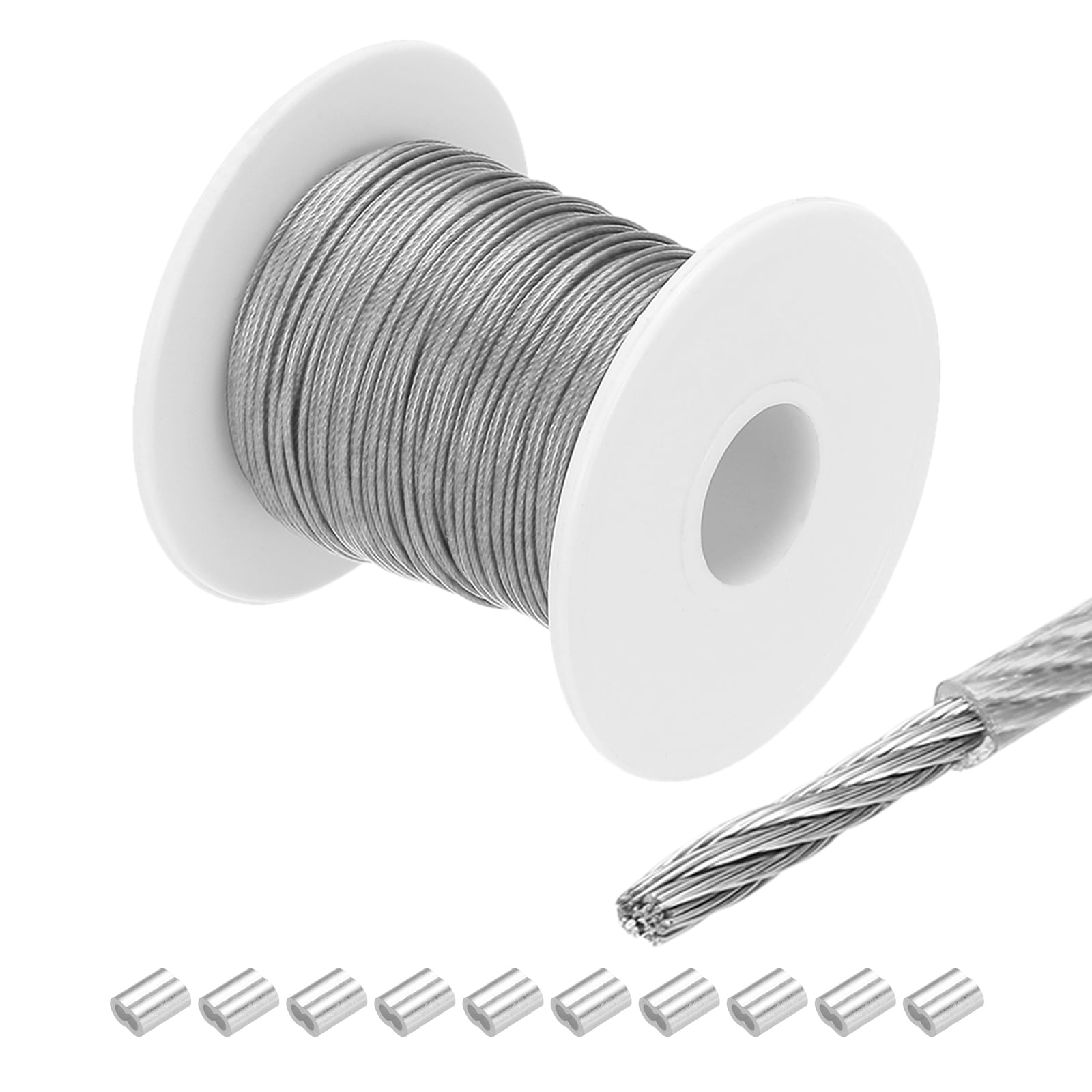 Uxcell 100Ft(30M) Wire Rope 304 Stainless Steel Cable 5/64"(2mm) Vinyl Coated with 10Pcs ...