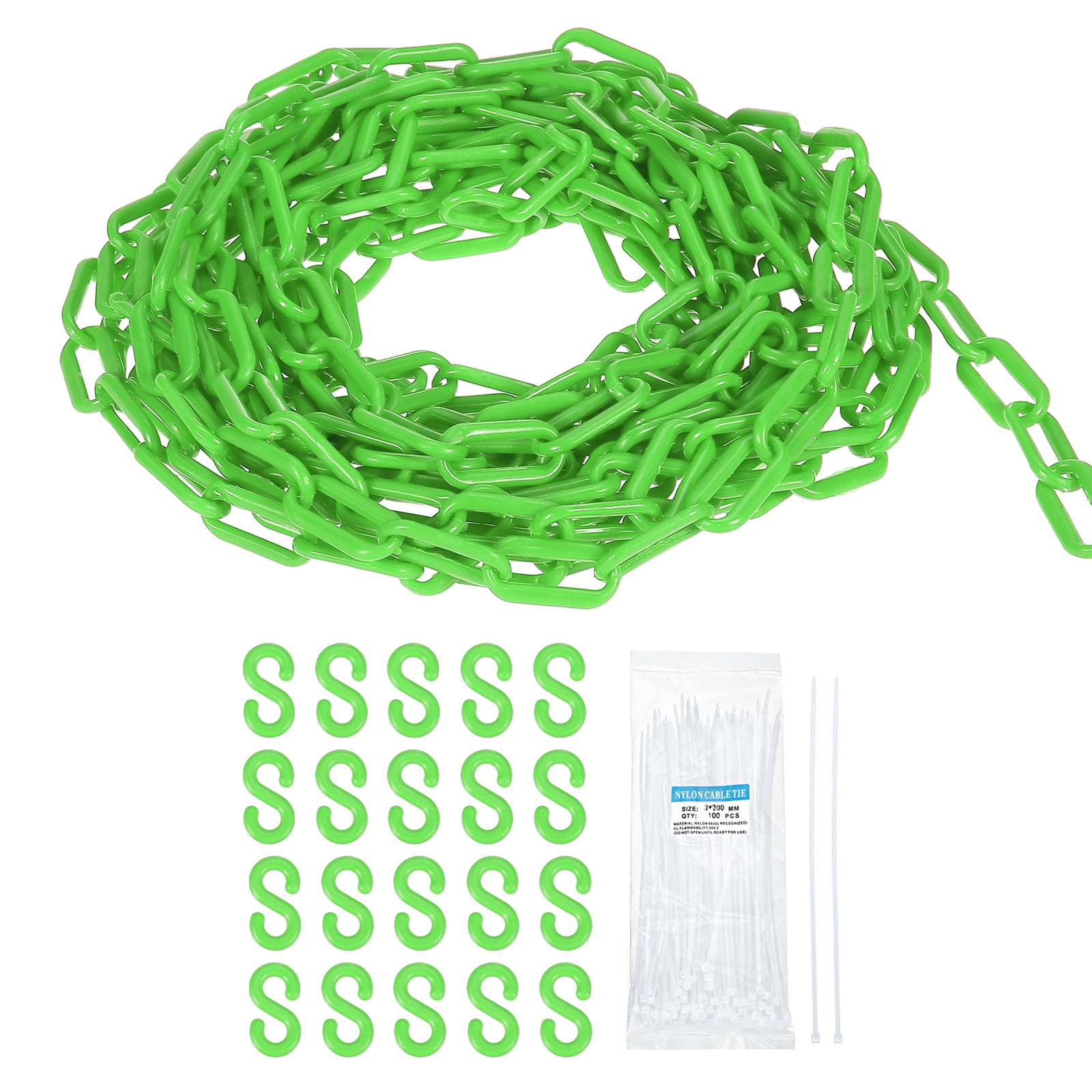 Uxcell 100ft Plastic Chain Safety Chain with Zip Ties and S-Hooks Green ...