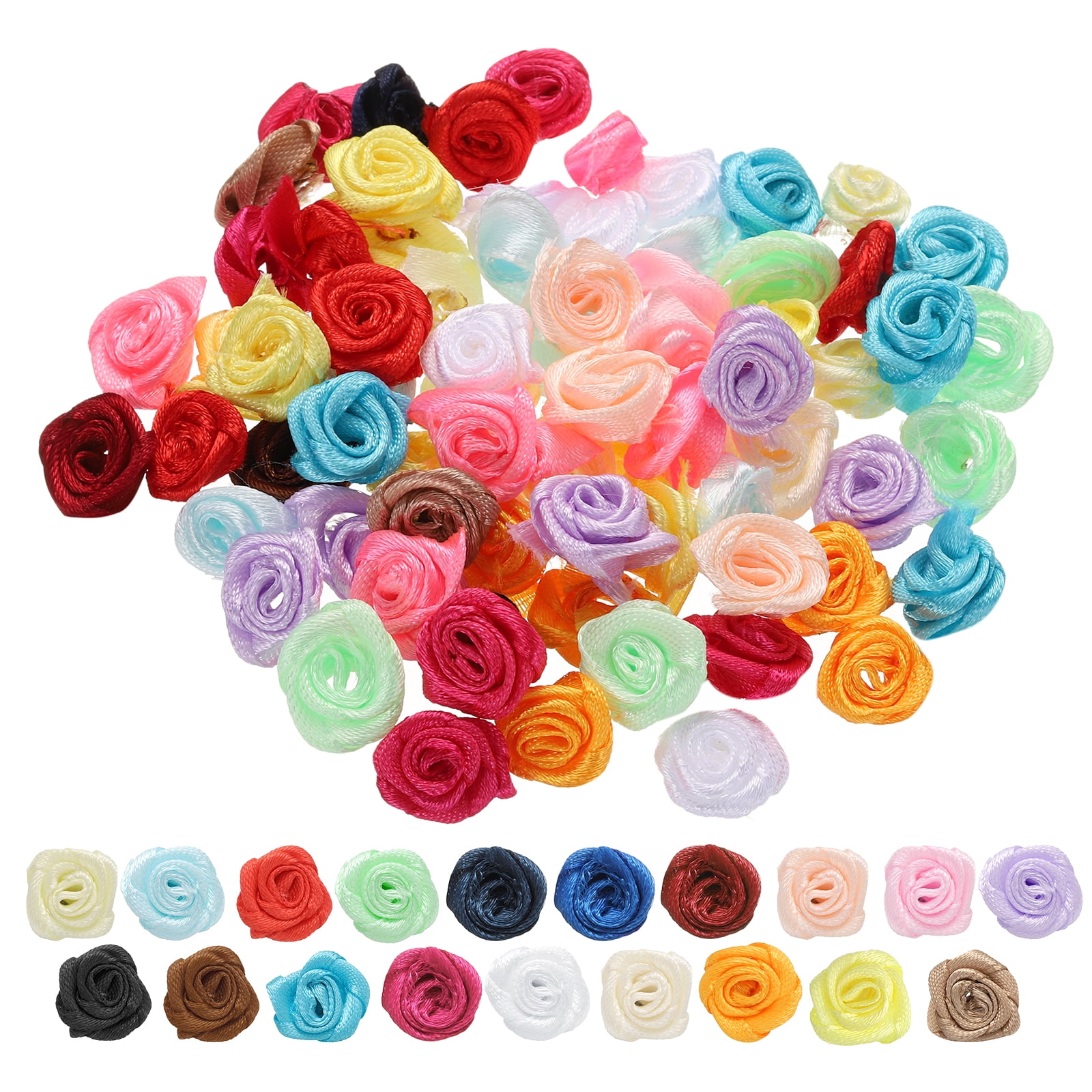 Uxcell 100Pcs 1.5cm Mini Ribbon Roses for Crafts Artificial Fabric ...