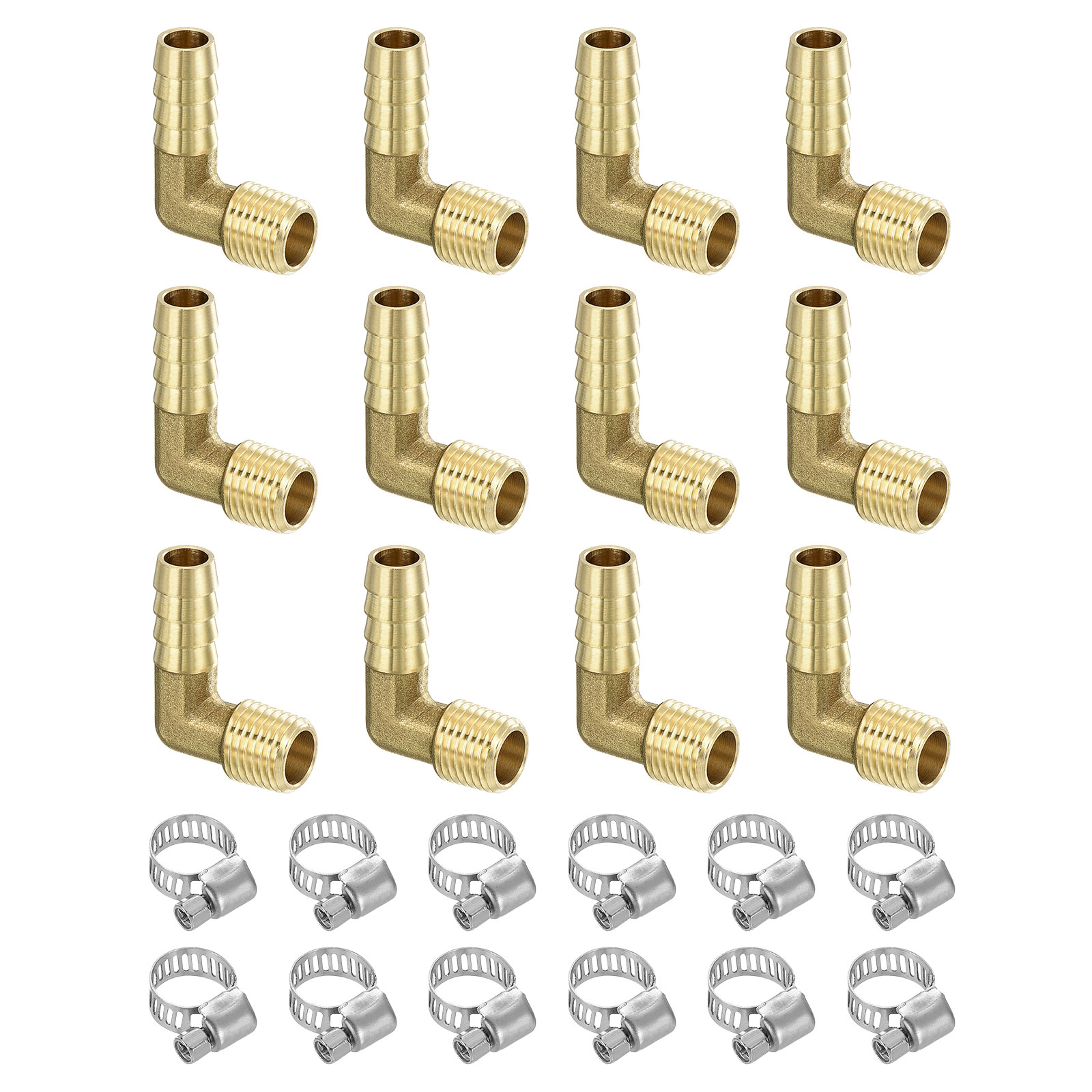 Uxcell 12pack 3/8" Barb x 1/4" NPT Male 90 Degree Brass Elbow Fitting Adapter with Hose Clamps ...