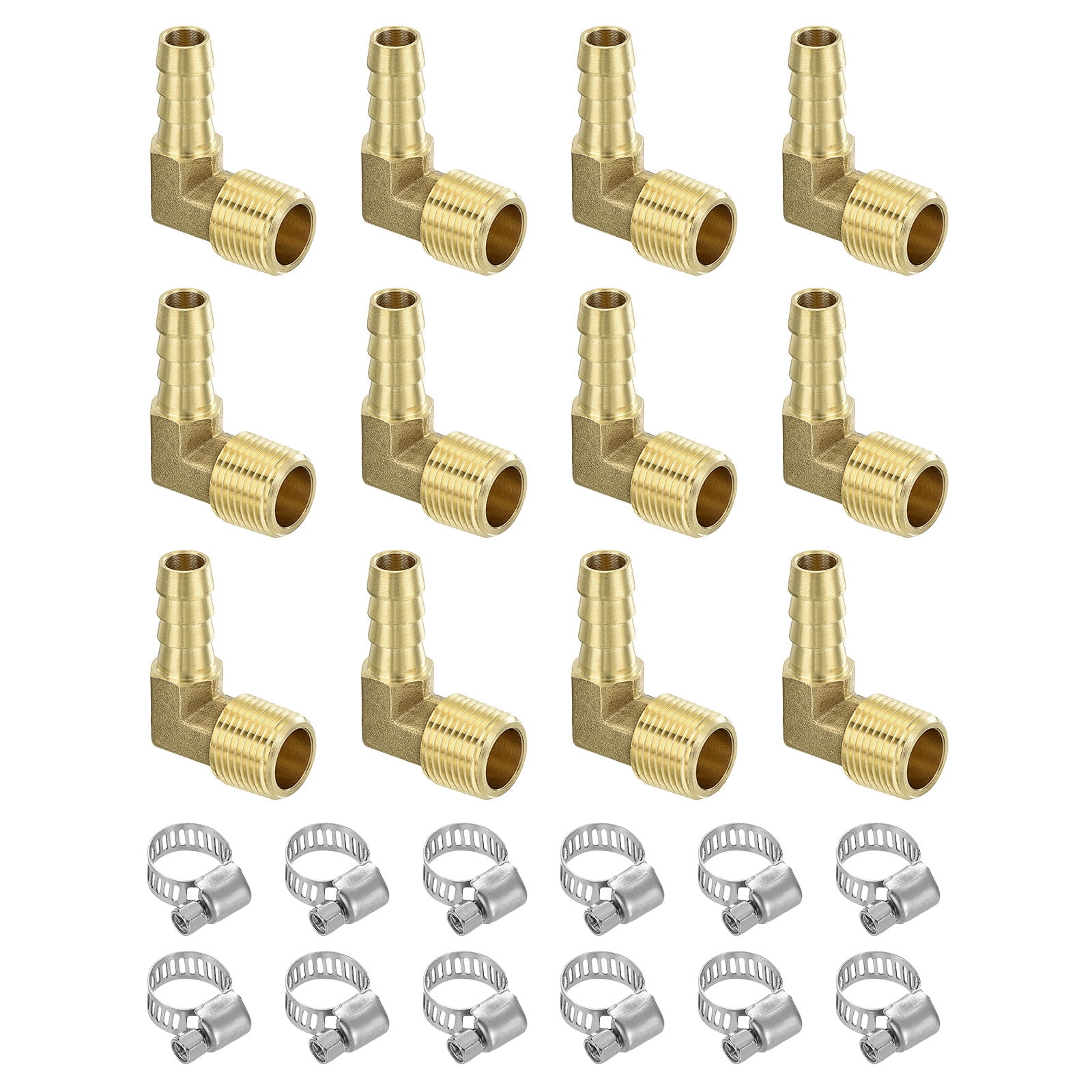 Uxcell 12pack 3/8" Barb x 3/8" NPT Male 90 Degree Brass Elbow Fitting Adapter with Hose Clamps ...