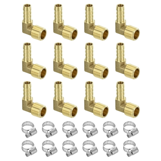 Uxcell 12pack 3/8" Barb x 3/8" NPT Male 90 Degree Brass Elbow Fitting Adapter with Hose Clamps ...