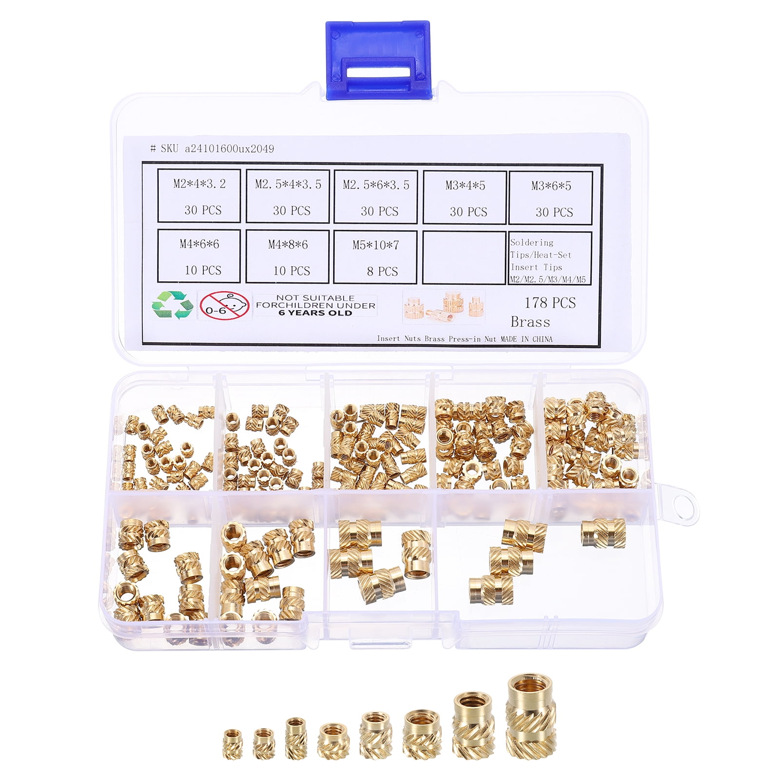 Uxcell 178pcs M2 M2.5 M3 M4 M5 Metric Threaded Inserts Brass Heat Set ...