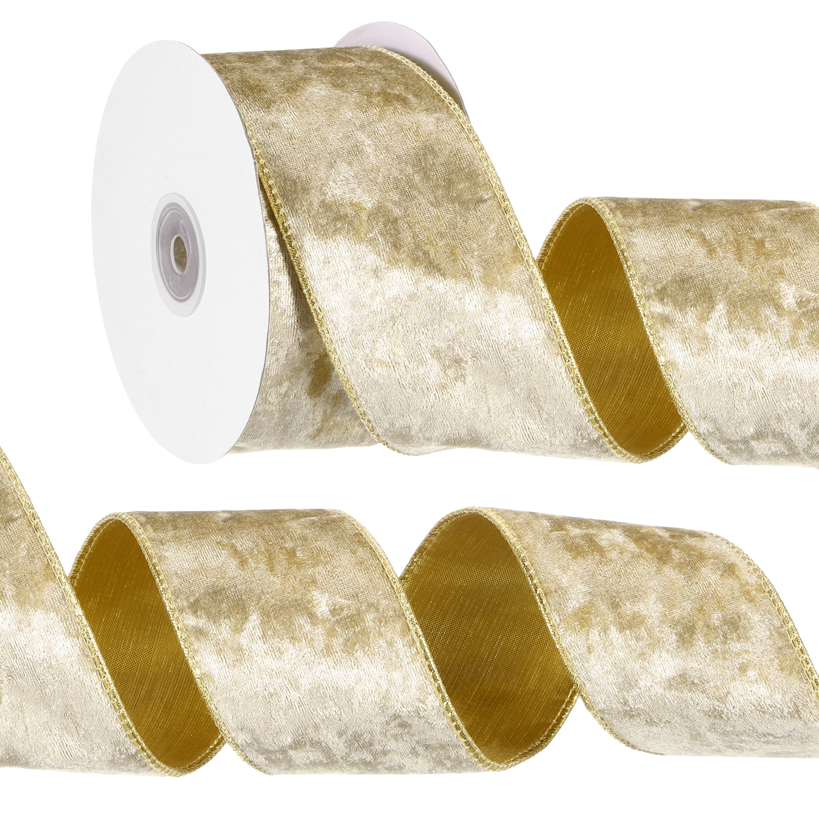 Uxcell Velvet Wired Ribbon, Velvety Gold Crushed Ribbons Double Faced ...