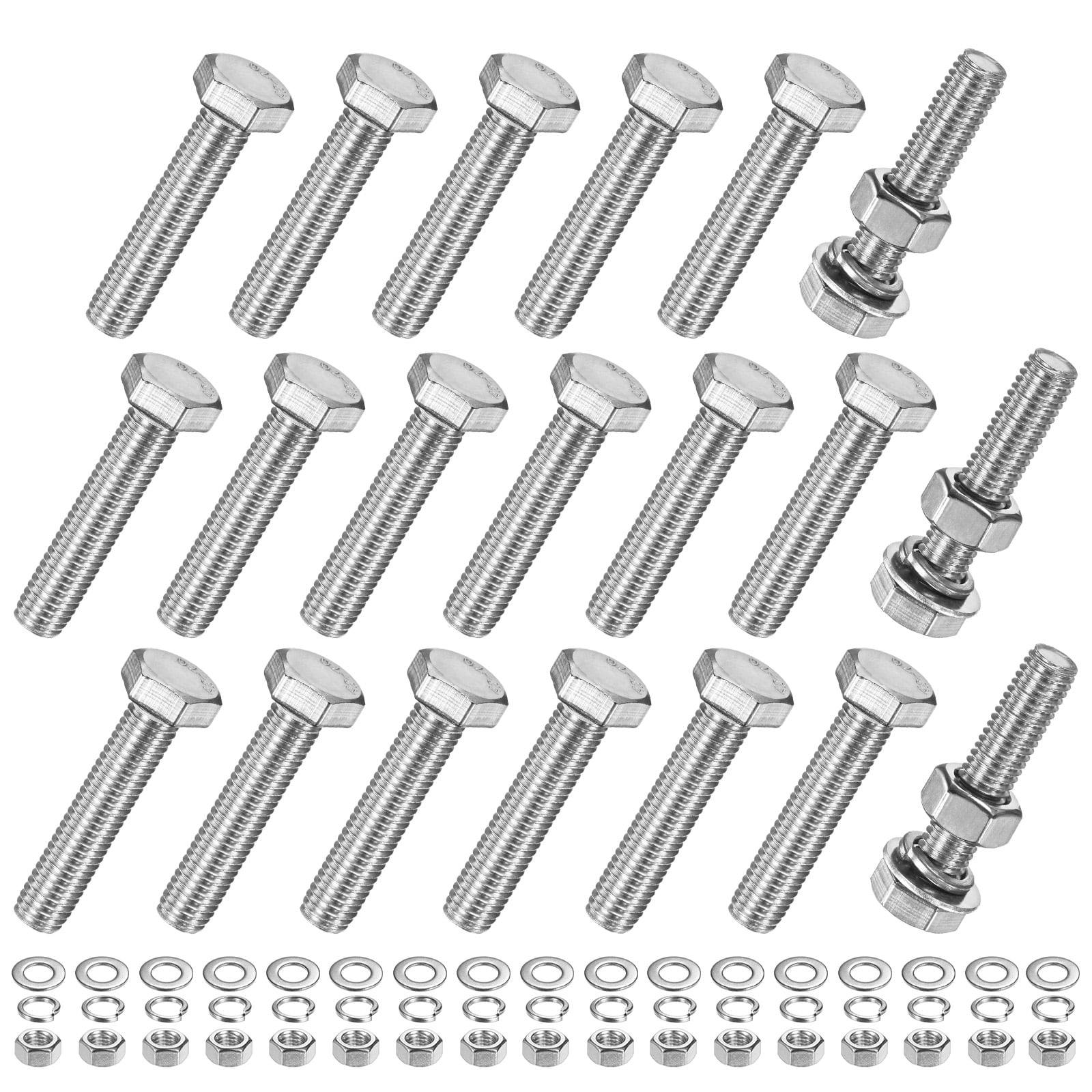 Uxcell 20-Pack Hex Head Screw Bolt with Nuts Flat & Lock Washers M10x50mm Stainless Steel Bolts ...