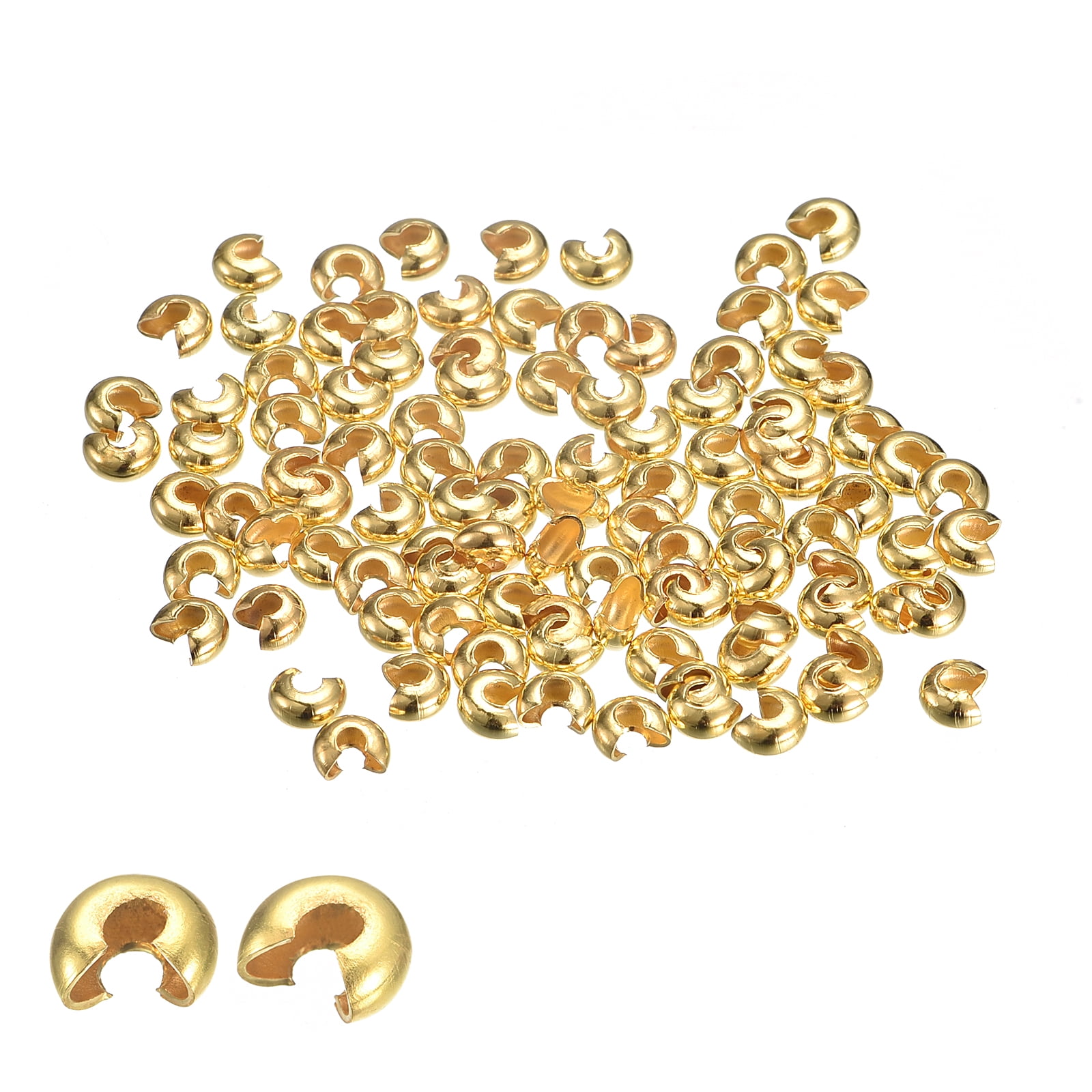 Uxcell 200 Pack 4mm Crimp Beads Covers Round Open Beads End Tips Gold ...