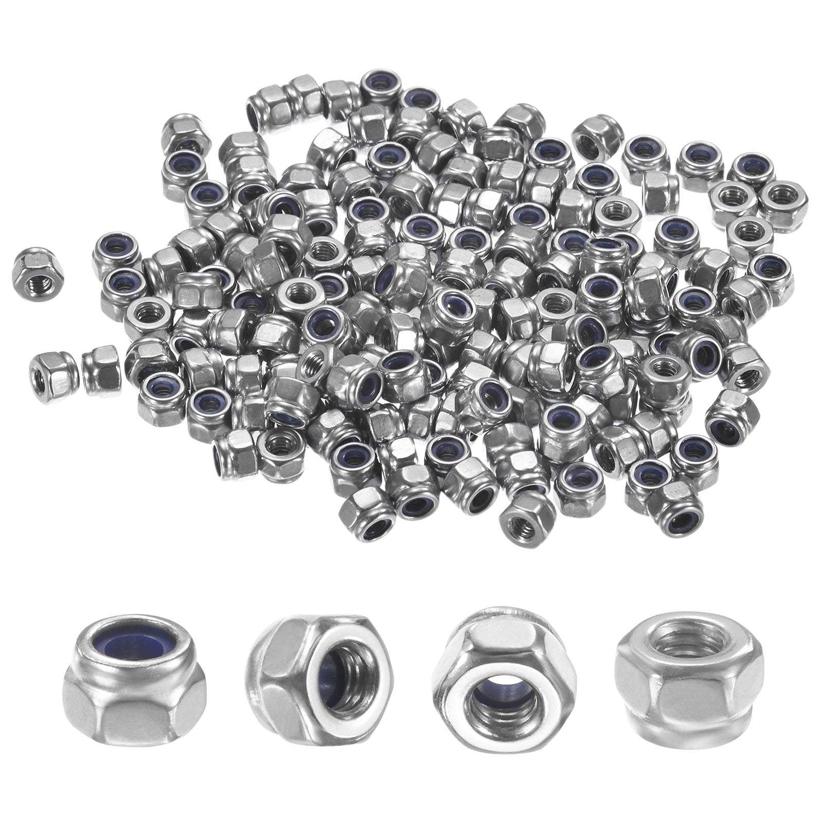 Uxcell 200-Pack Metric Nylon Insert Hex Lock Nuts, M2.5 x 0.45mm Thread 304 Stainless Steel Self ...