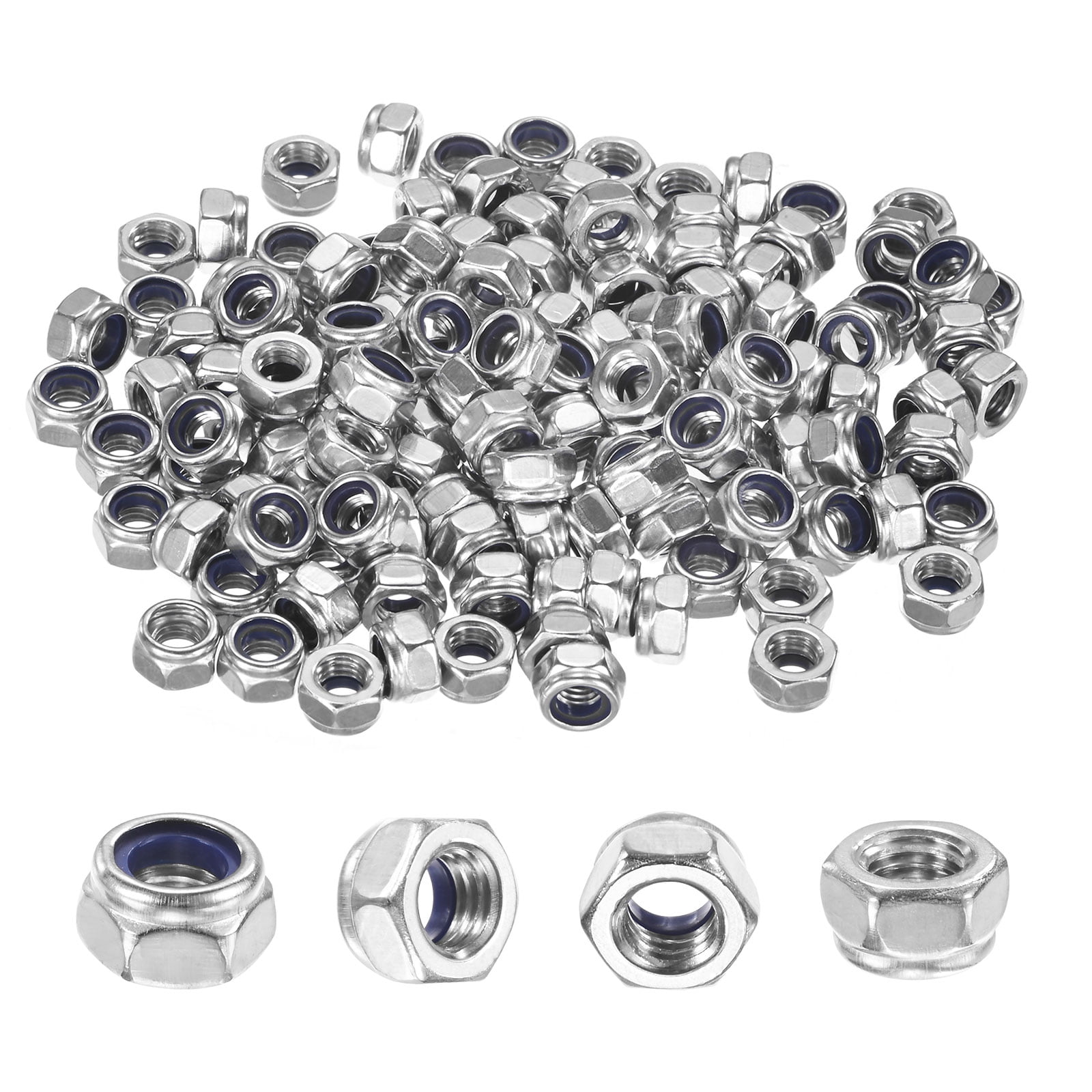 Uxcell 200-Pack Metric Nylon Insert Hex Lock Nuts, M5 x 0.8mm Thread 304 Stainless Steel Self ...