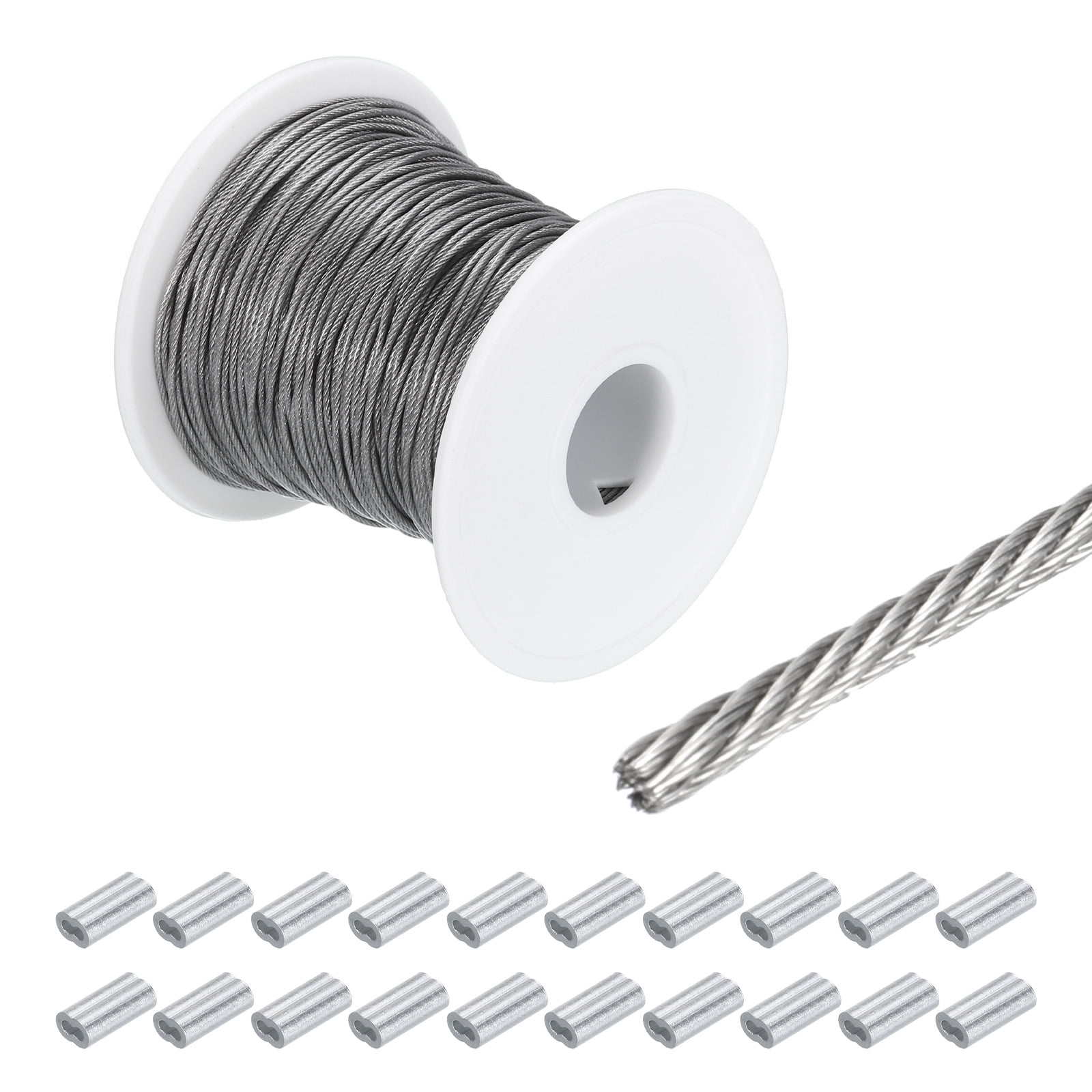 Uxcell 200Ft(60M) Wire Rope 304 Stainless Steel Cable 3/64"(1mm) Vinyl Coated with 20Pcs ...