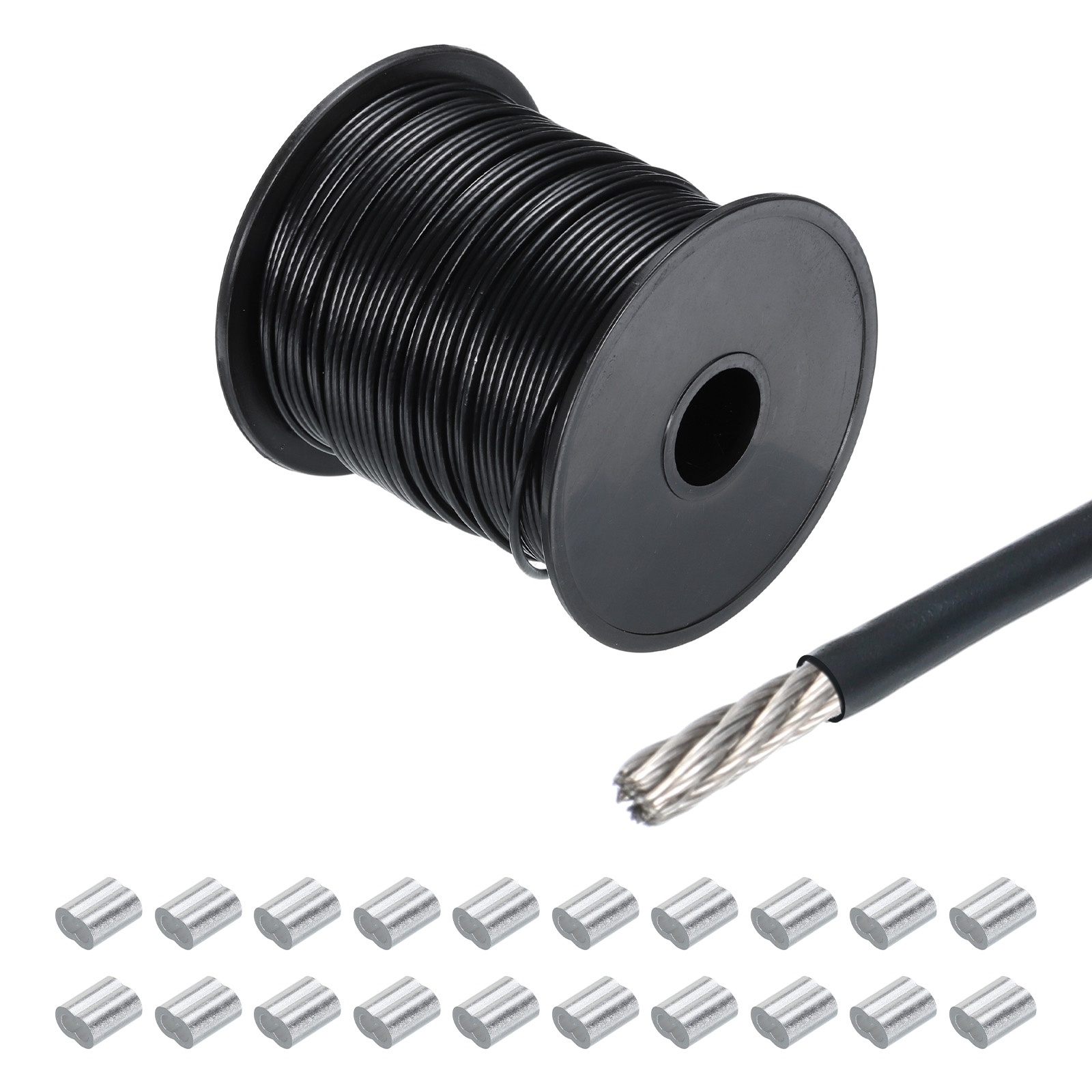 Uxcell 200Ft(60M) Wire Rope 304 Stainless Steel Cable 5/64"(2mm) Vinyl Coated with 20Pcs ...