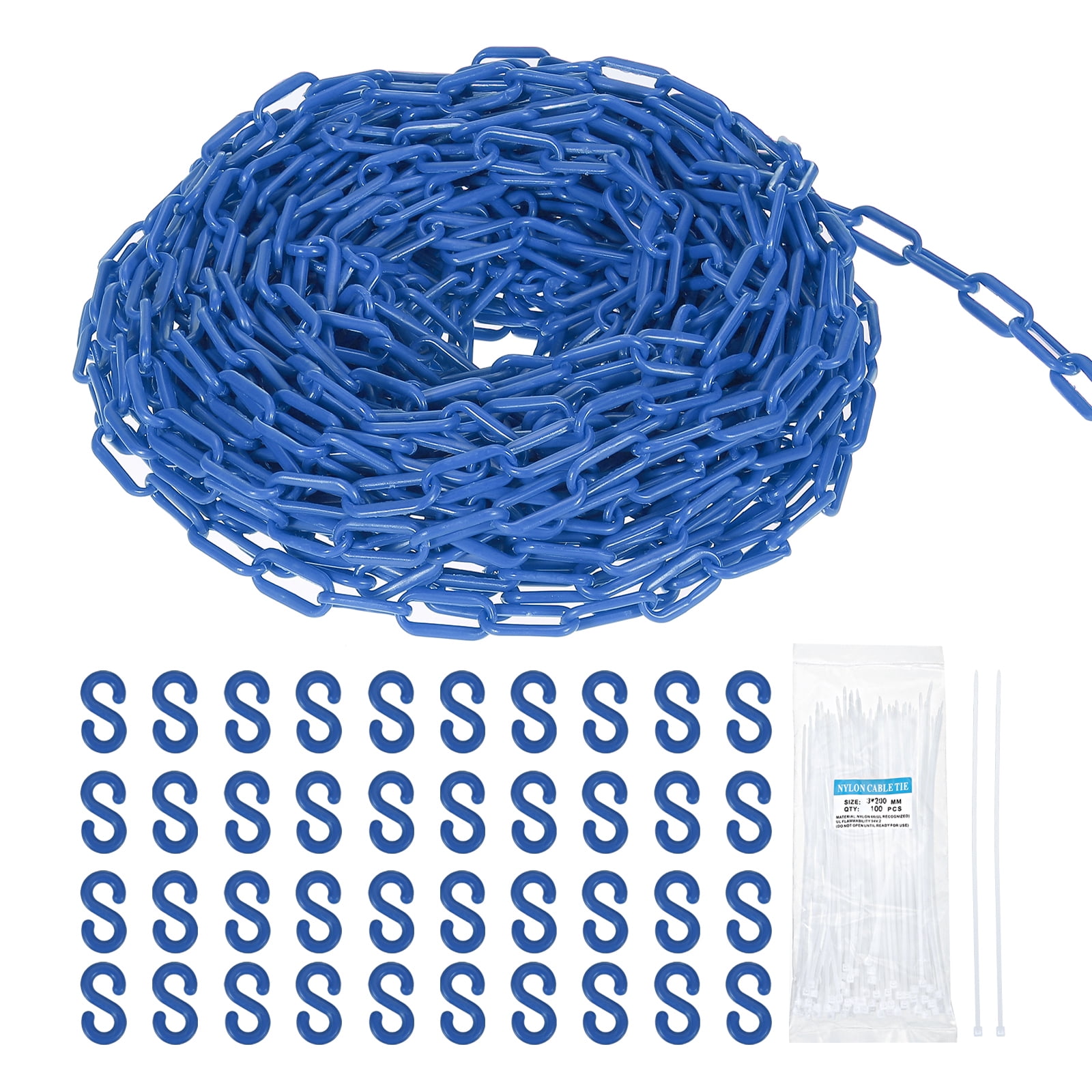 Uxcell 200ft Plastic Chain Safety Chain with Zip Ties and S-Hooks Blue ...