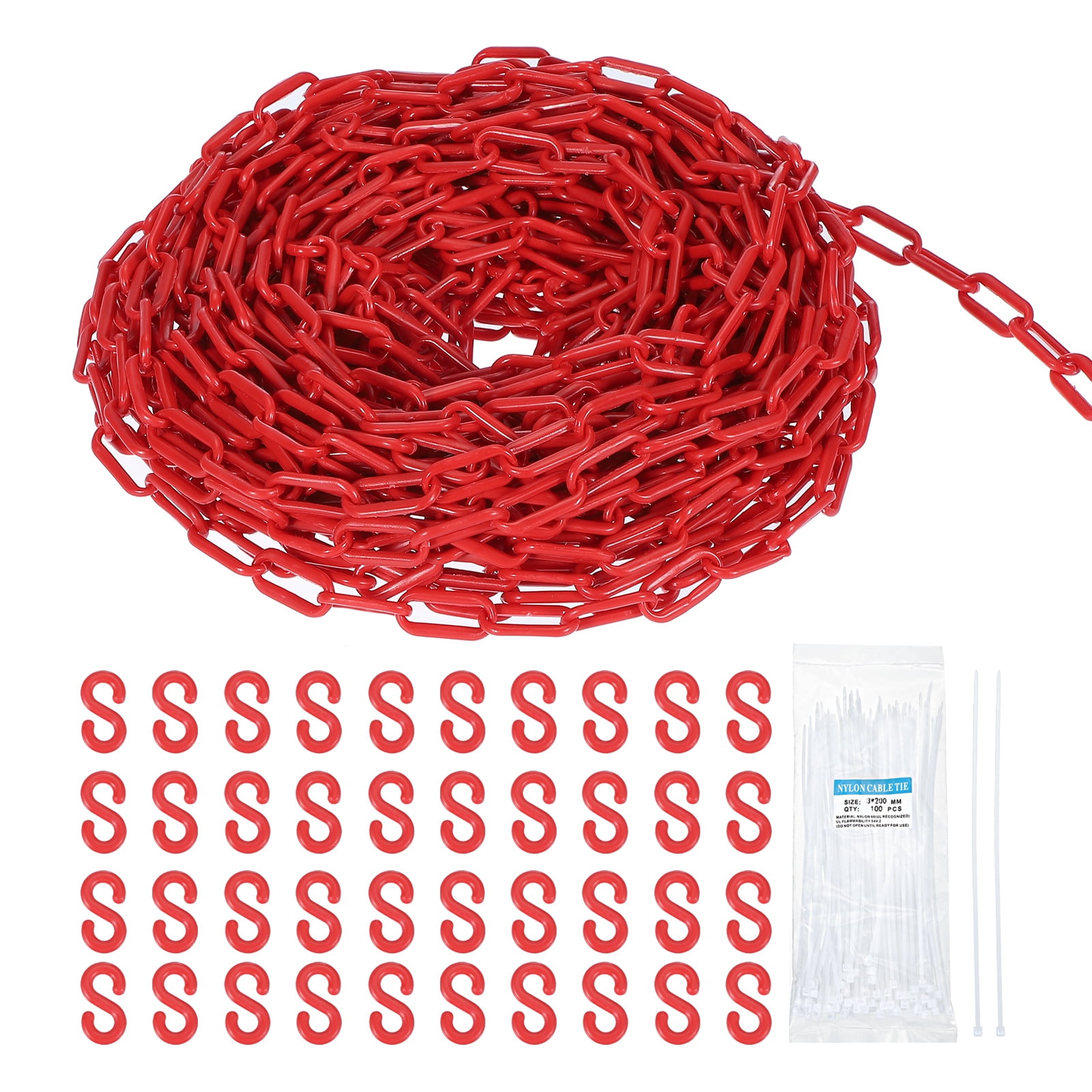Uxcell 200ft Plastic Chain Safety Chain with Zip Ties and S-Hooks Red ...