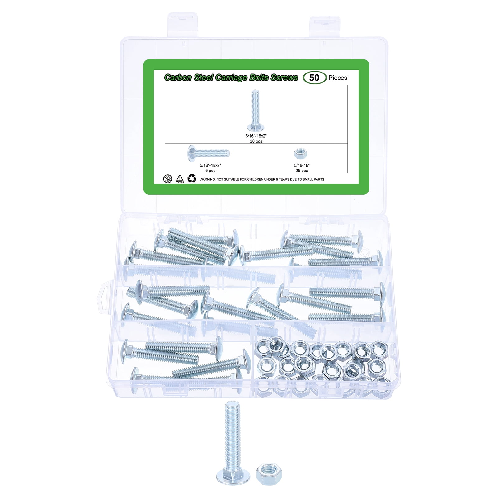 Uxcell 20Set Carriage Bolts and Nuts Kit, 5/16"-18x1-1/5" Carbon Steel ...
