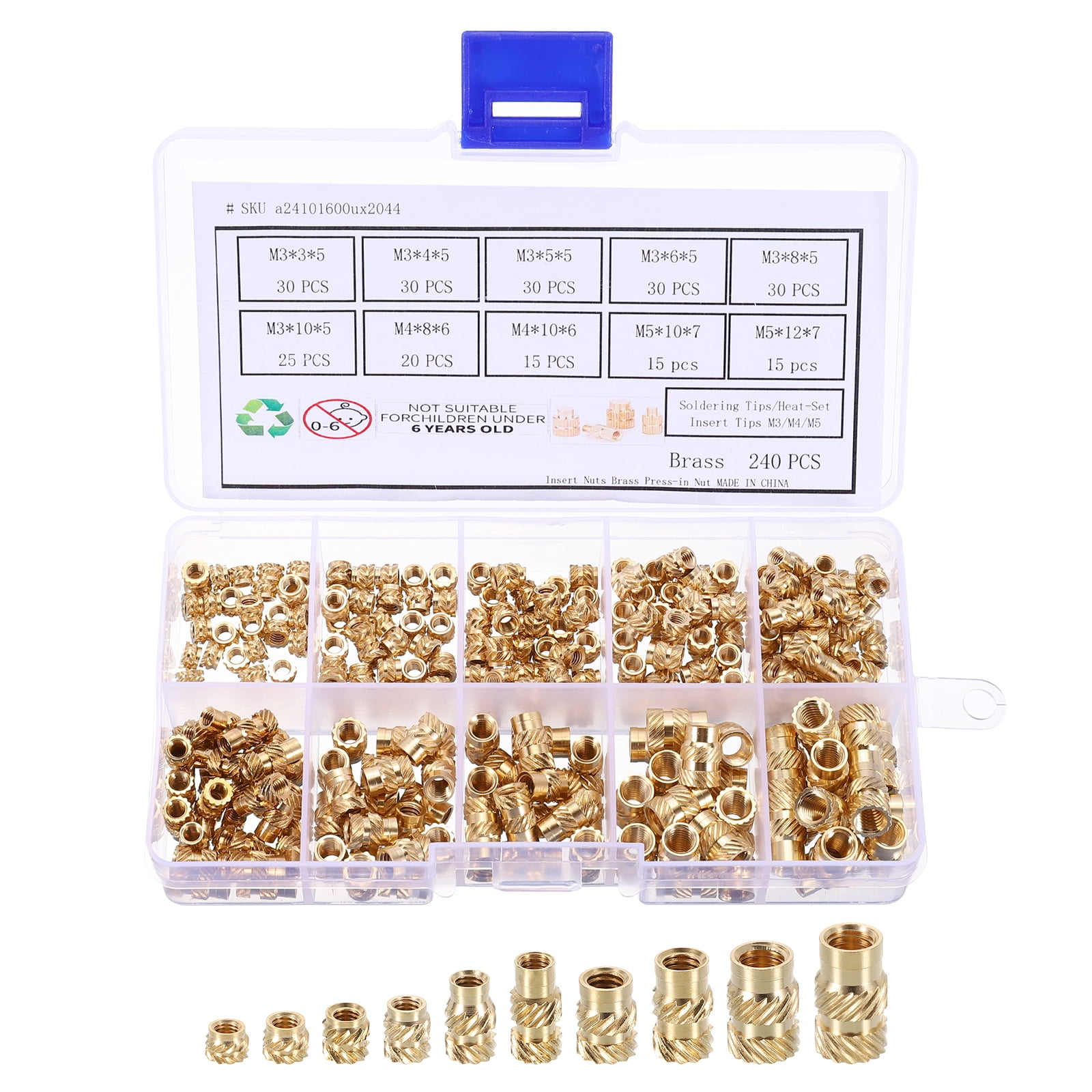 Uxcell 240pcs M3 M4 M5 Metric Threaded Inserts Brass Heat Set Insert ...