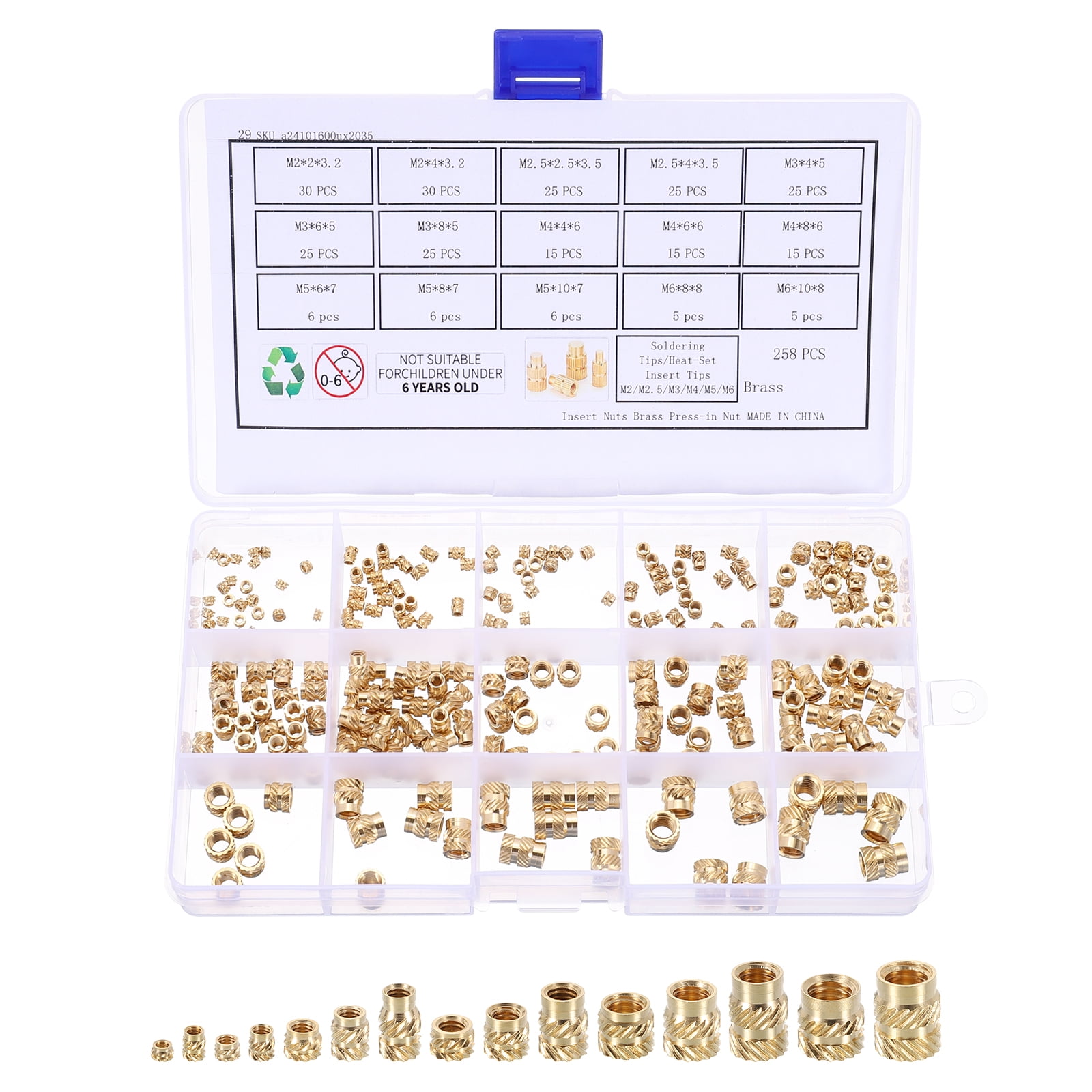 Uxcell 258pcs M2 M2.5 M3 M4 M5 M6 Metric Threaded Insert Brass Heat Set ...