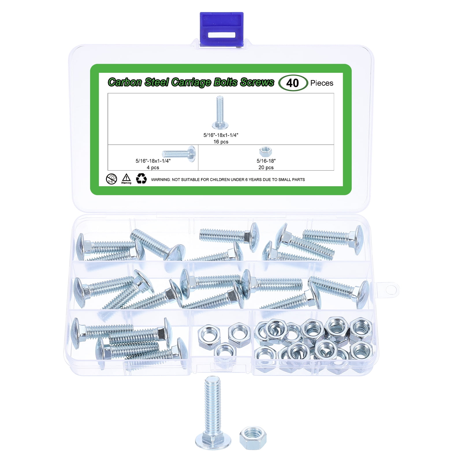 Uxcell 25Set Carriage Bolts and Nuts Kit, 5/16"-18x2" Carbon Steel ...