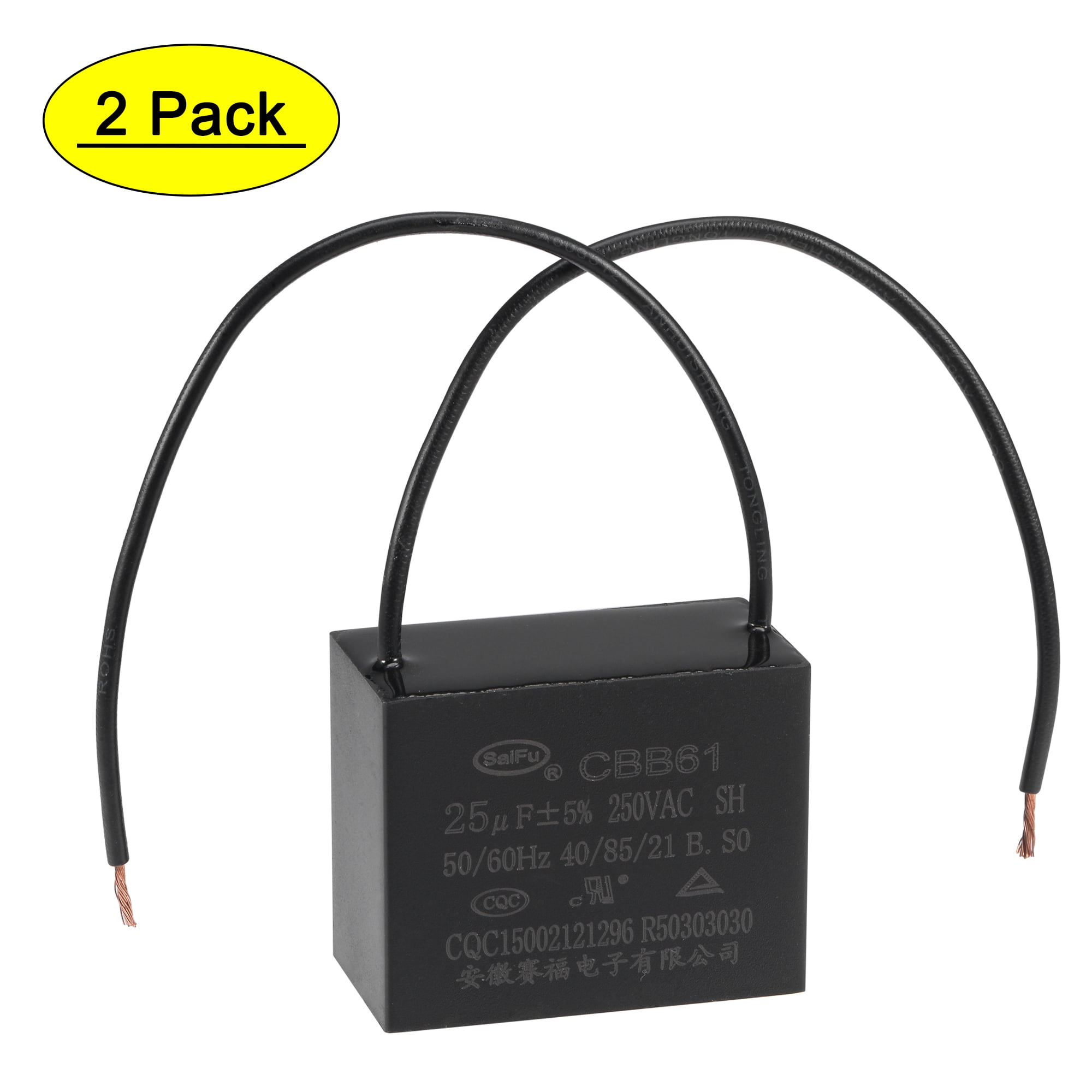 Uxcell 25uF 250V AC 2 Wires CBB61 Ceiling Fan Capacitors 2 Pack ...