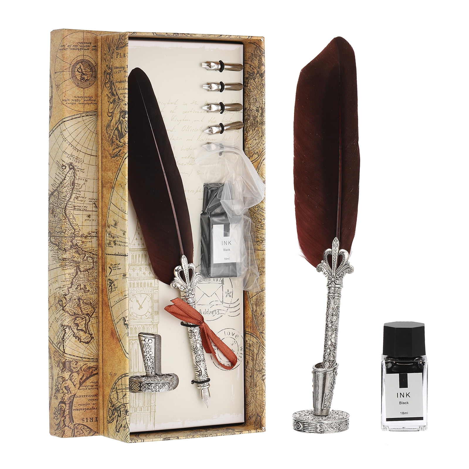 Uxcell 26cm/11" Carved Feather Pen Set, Quill Pen with Ink Set 5 ...