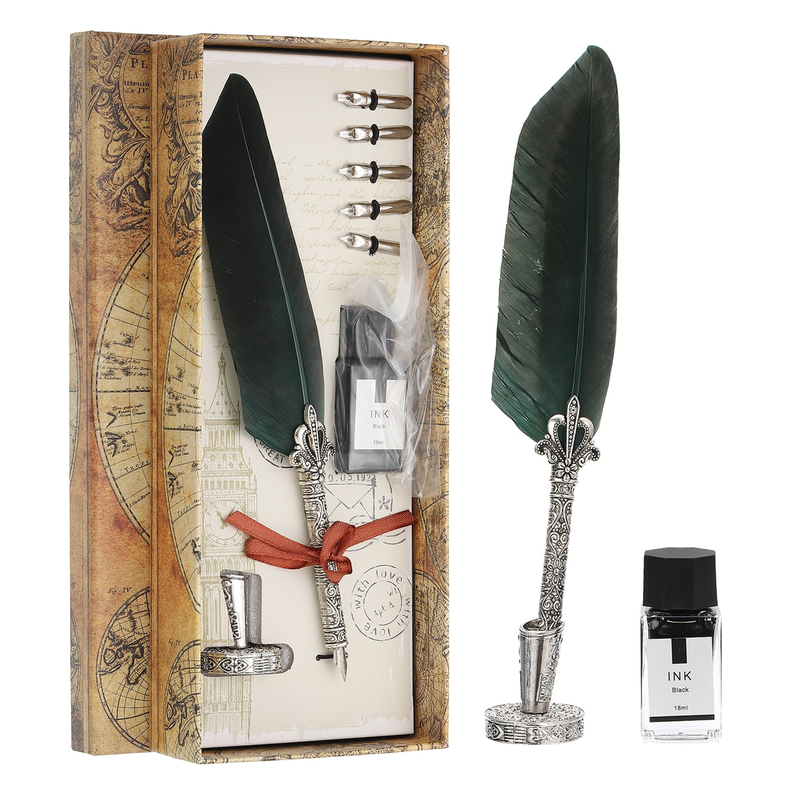 Uxcell 26cm/11"Carved Feather Pen Set, Quill Pen with Ink Set 5 ...