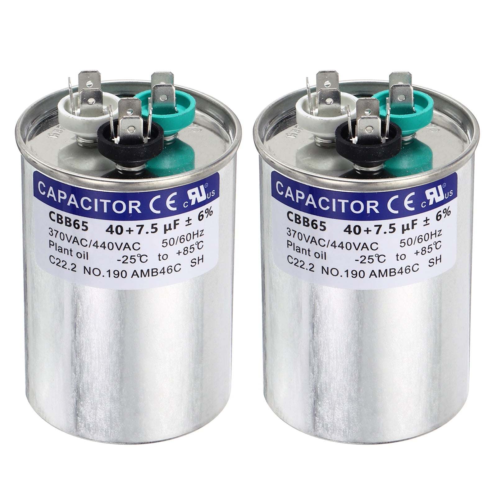 Uxcell 2Pcs 40+7.5MFD CBB65 Run Start Capacitor 40+7.5uF, 370/440V Round AC Capacitor for AC ...