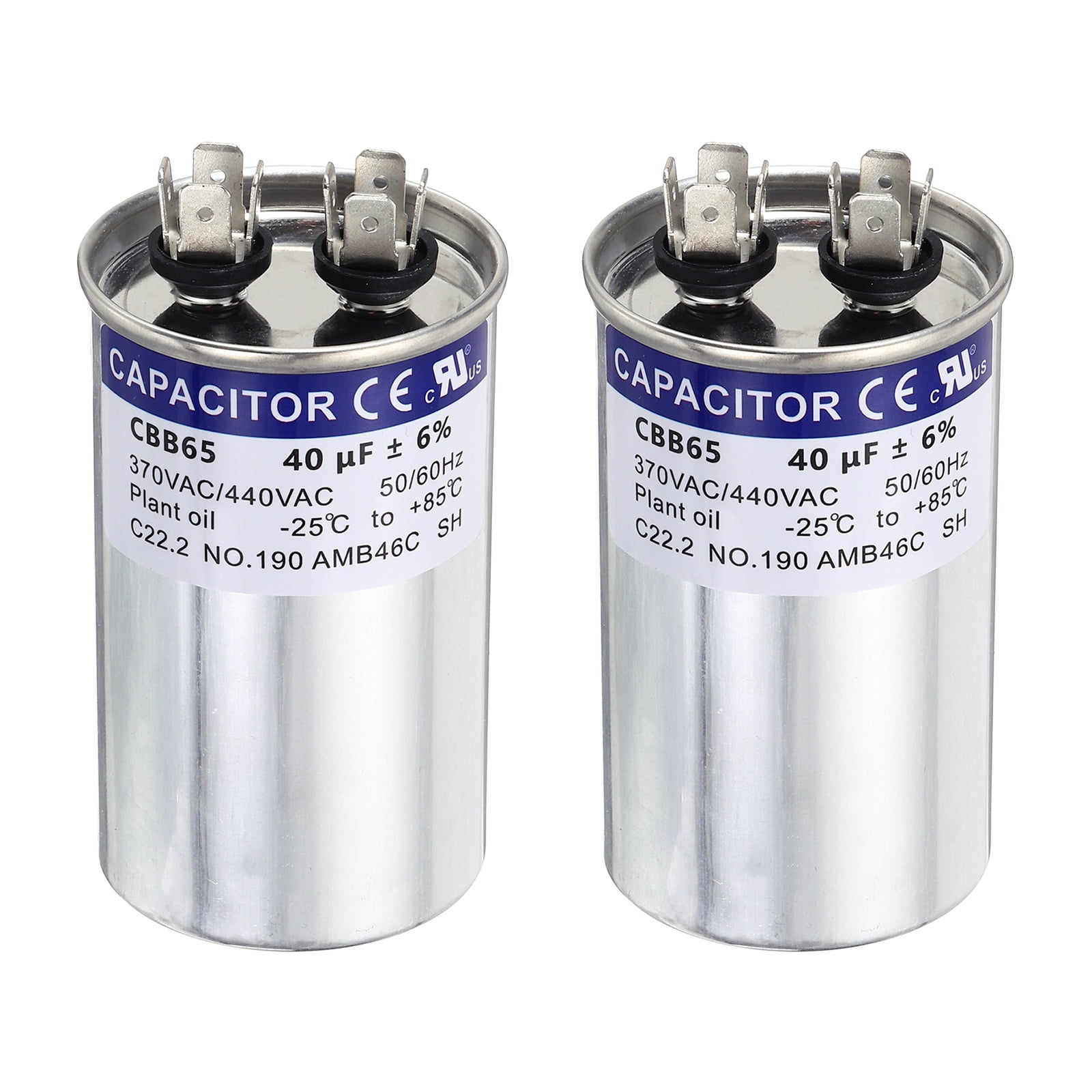 Uxcell 2Pcs 40MFD CBB65 Run Start Capacitor 40uF, 370/440V Round AC Capacitor for AC Motor Run ...