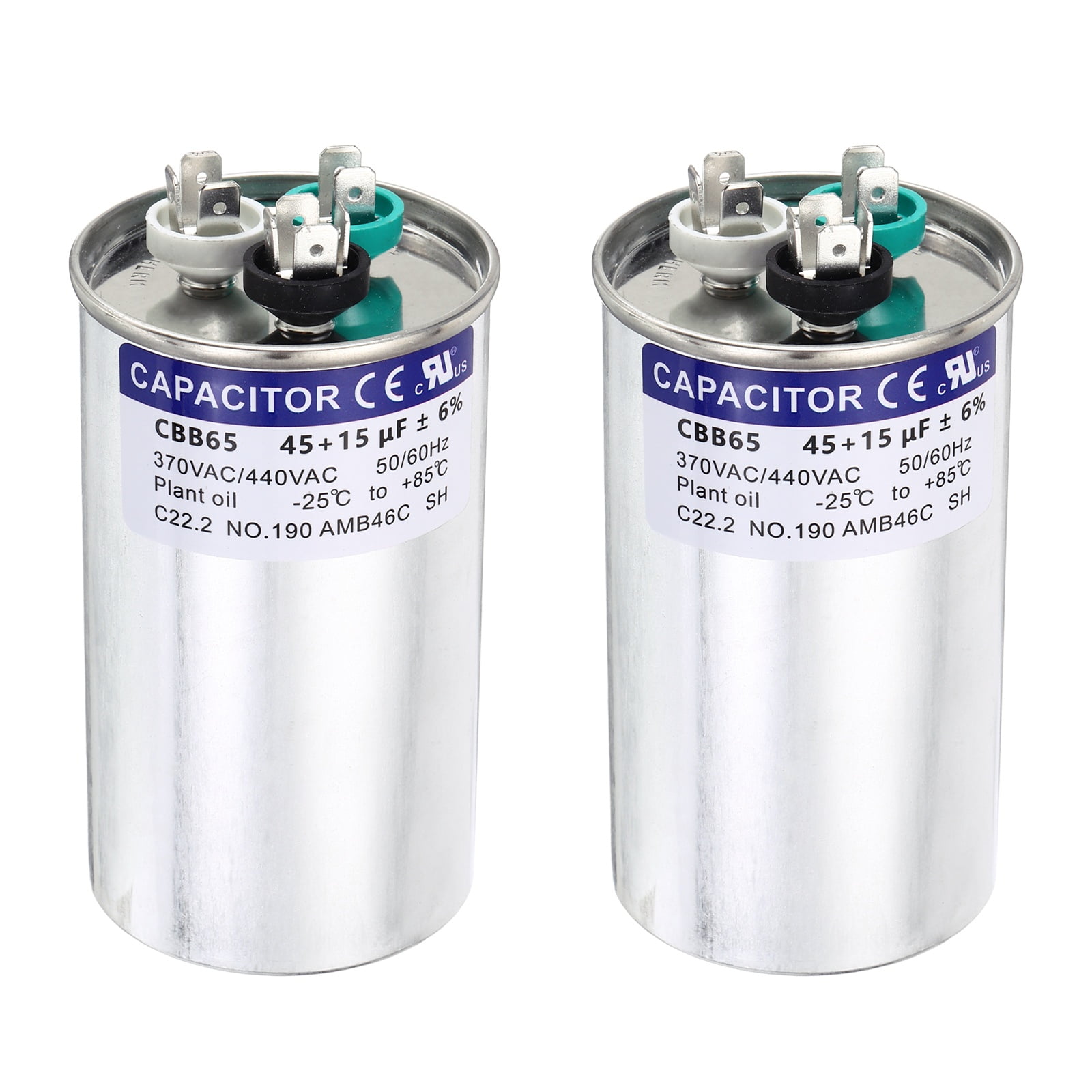 Uxcell 2Pcs 45+15MFD CBB65 Run Start Capacitor 45+15uF, 370/440V Round AC Capacitor for AC Motor ...