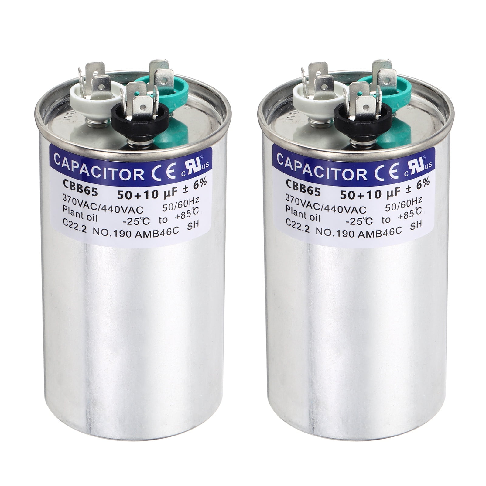 Uxcell 2Pcs 50+10MFD CBB65 Run Start Capacitor 50+10uF, 370/440V Round AC Capacitor for AC Motor ...