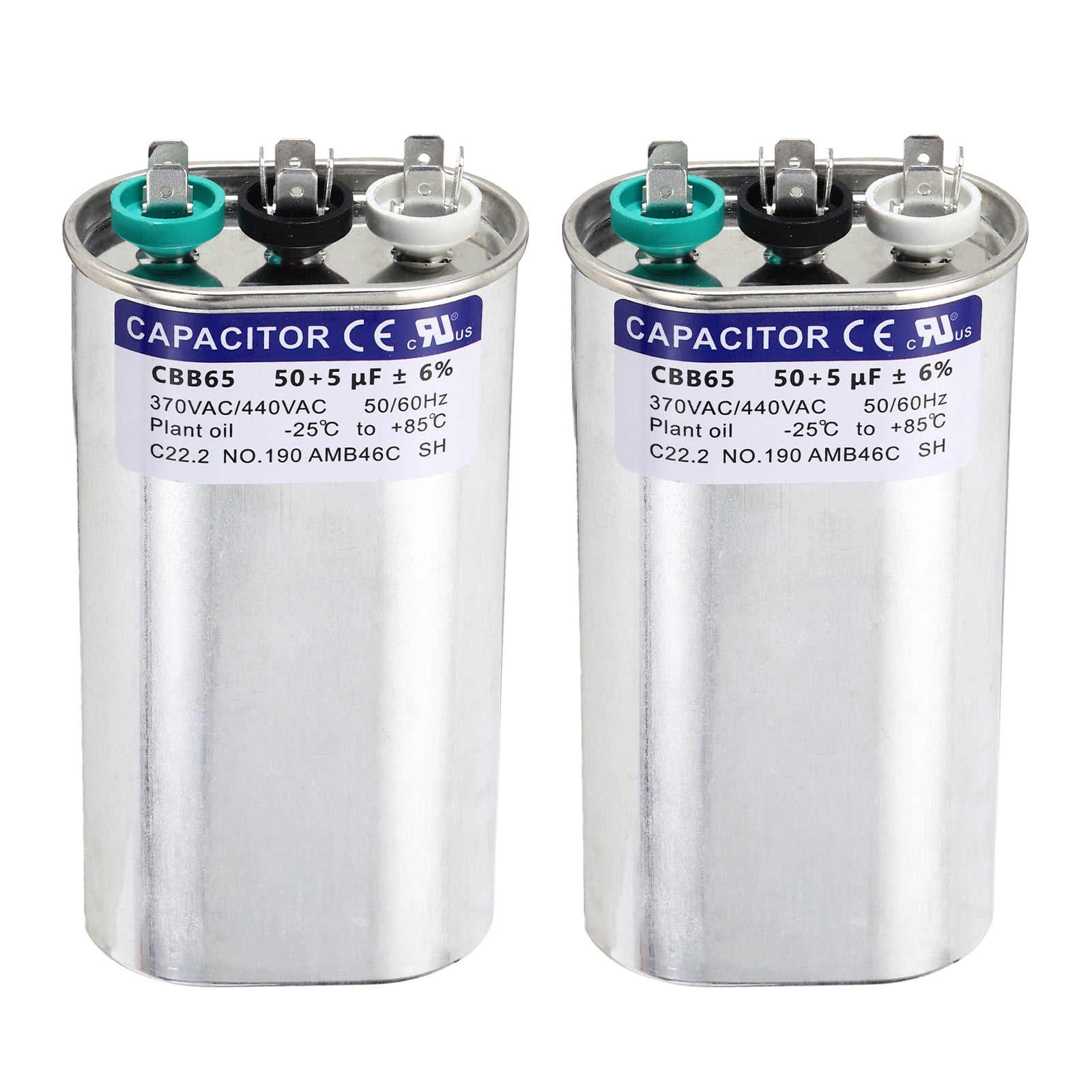 Uxcell 2Pcs 50+5MFD CBB65 Run Start Capacitor 50+5uF, 370/440V Oval AC Capacitor for AC Motor ...