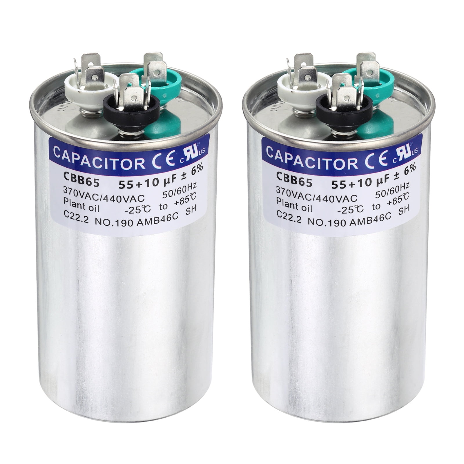 Uxcell 2Pcs 55+10MFD CBB65 Run Start Capacitor 55+10uF, 370/440V Round AC Capacitor for AC Motor ...