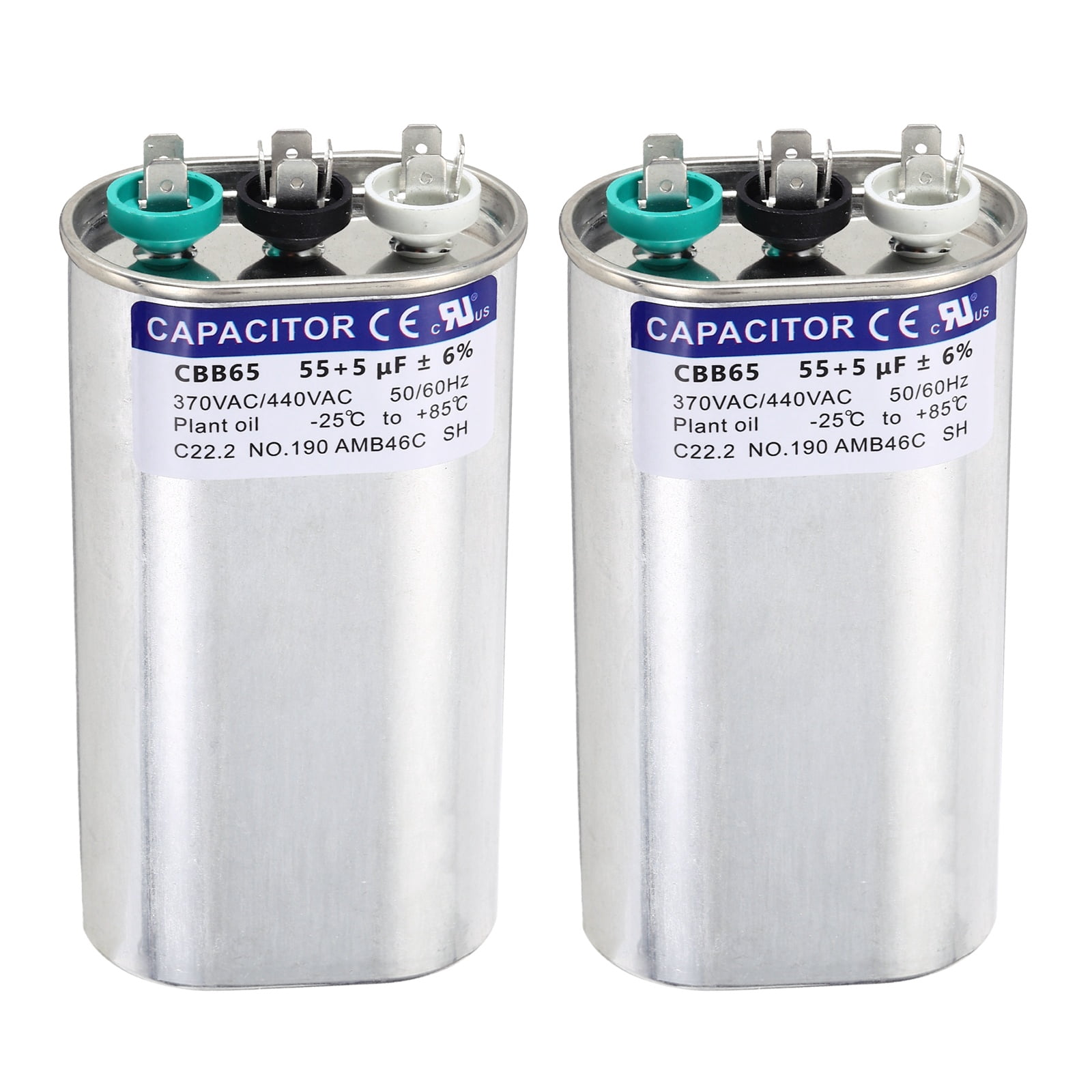 Uxcell 2Pcs 55+5MFD CBB65 Run Start Capacitor 55+5uF, 370/440V Oval AC ...