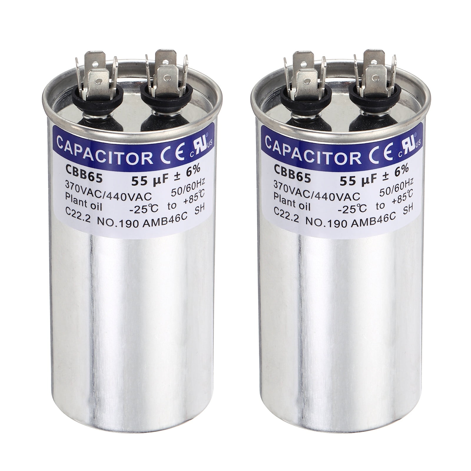 Uxcell 2Pcs 55MFD CBB65 Run Start Capacitor 55uF, 370/440V Round AC Capacitor for AC Motor Run ...