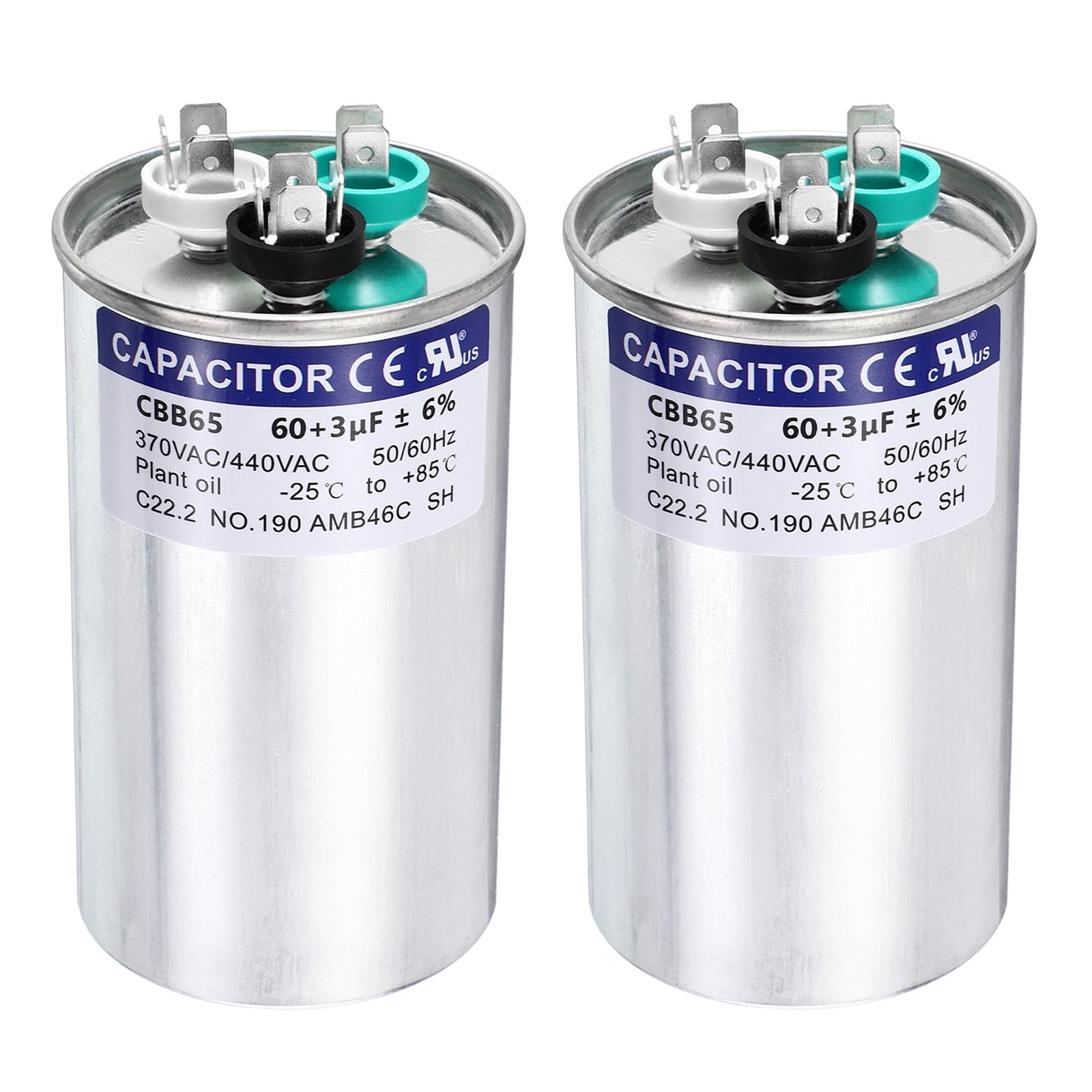 Uxcell 2Pcs 60+3MFD CBB65 Run Start Capacitor 60+3uF, 370/440V Round AC Capacitor for AC Motor ...
