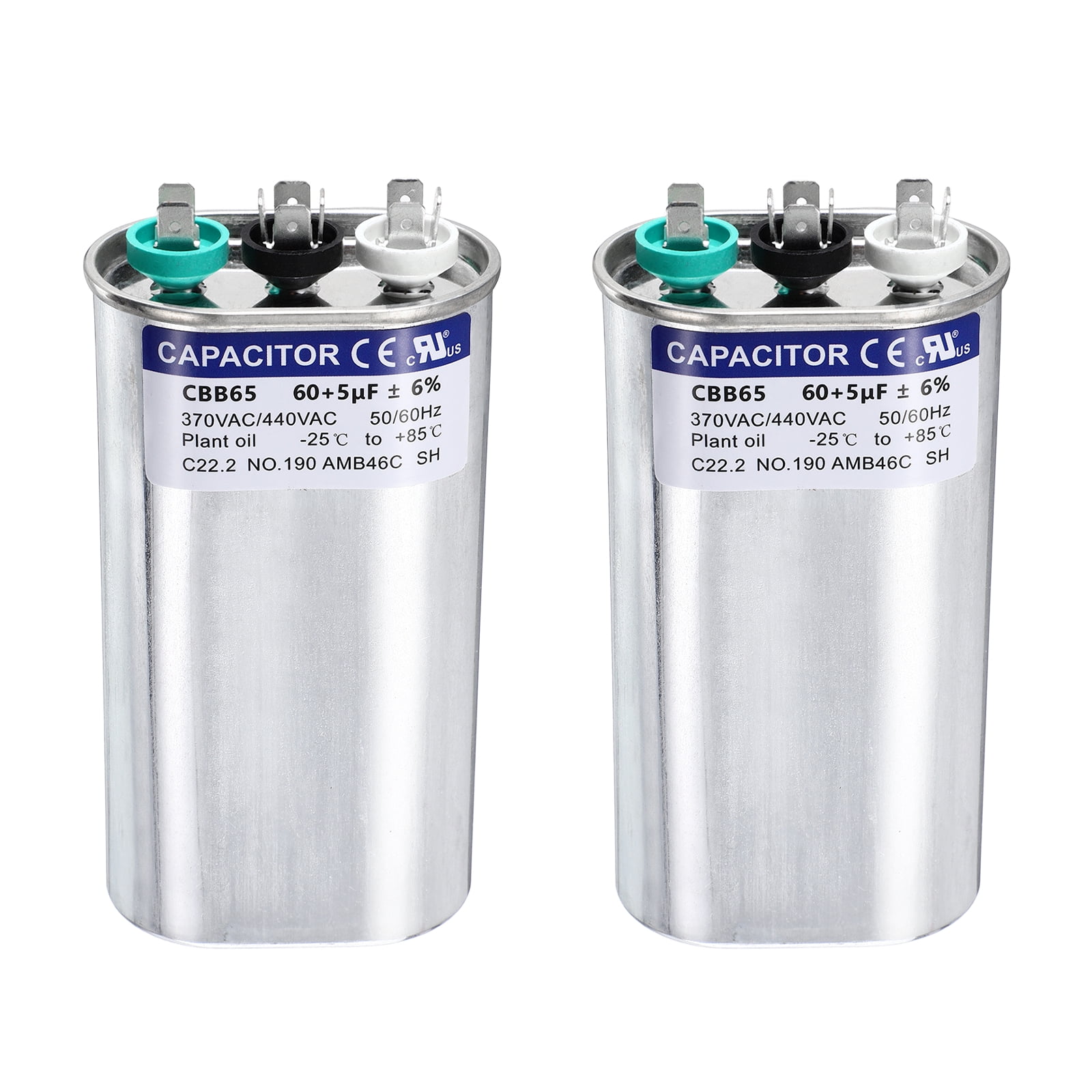 Uxcell 2Pcs 60+5MFD CBB65 Run Start Capacitor 60+5uF, 370/440V Oval AC Capacitor for AC Motor ...