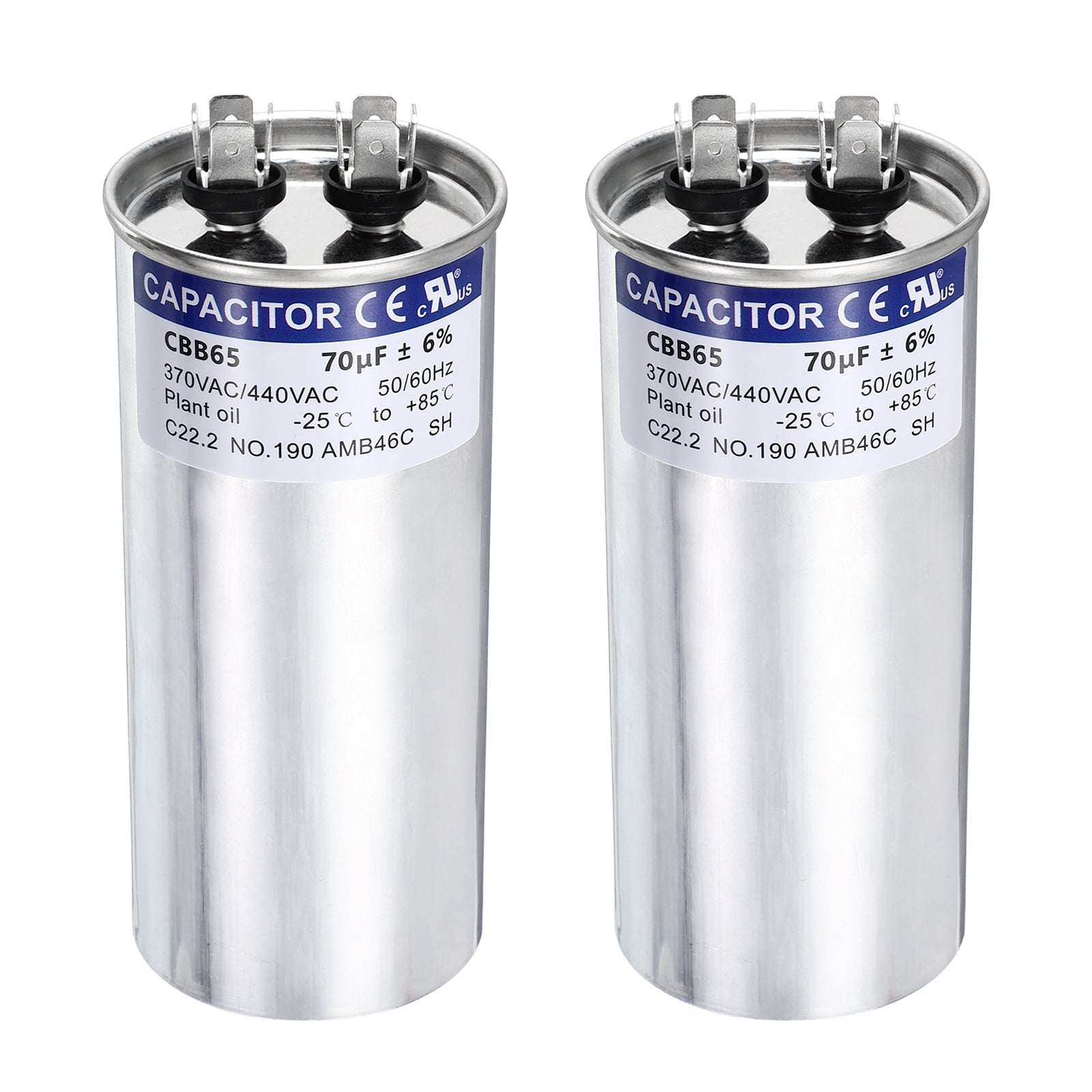 Uxcell 2Pcs 70MFD CBB65 Run Start Capacitor 70uF, 370/440V Round AC Capacitor for AC Motor Run ...