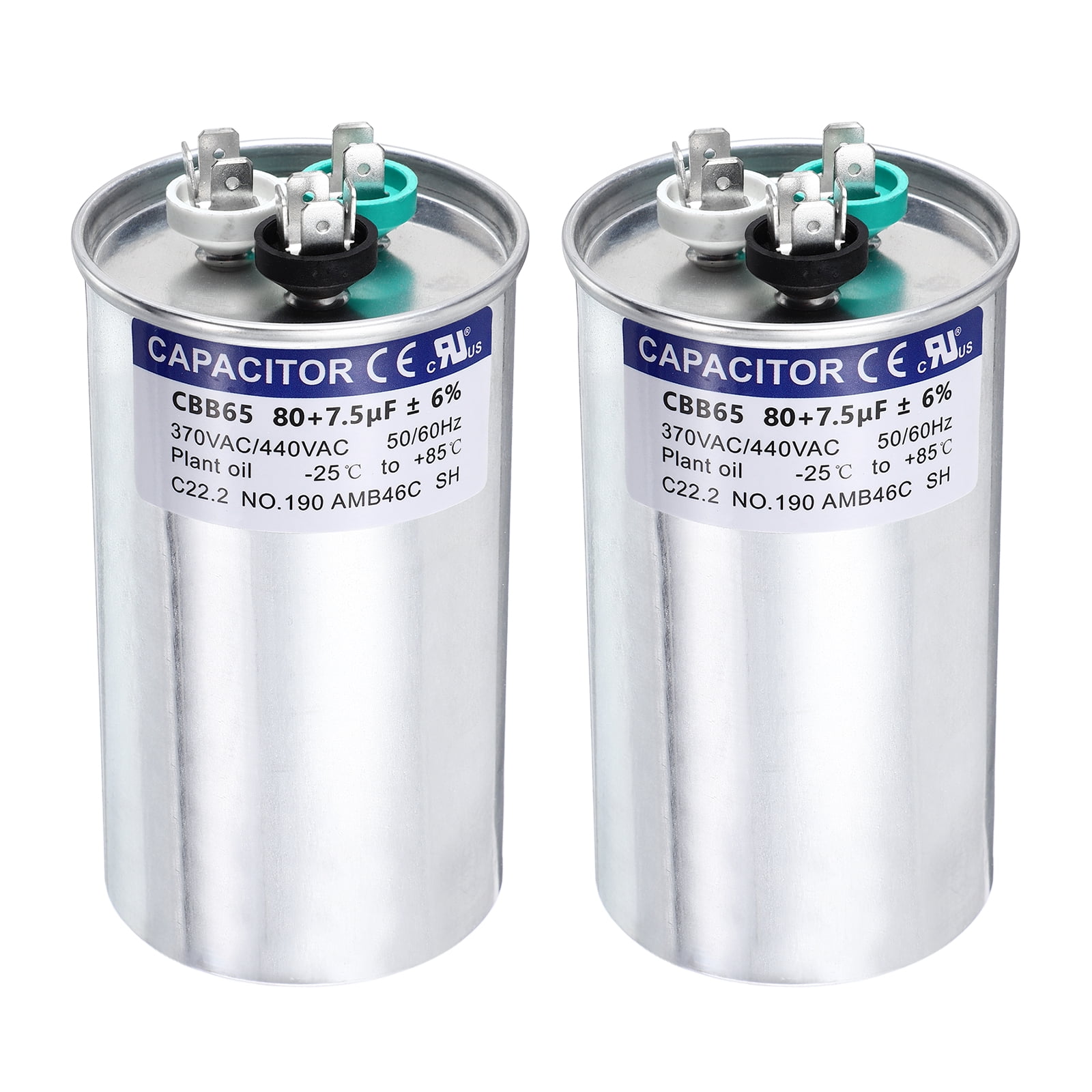 Uxcell 2Pcs 80+7.5MFD CBB65 Run Start Capacitor 80+7.5uF, 370/440V Round AC Capacitor for AC ...