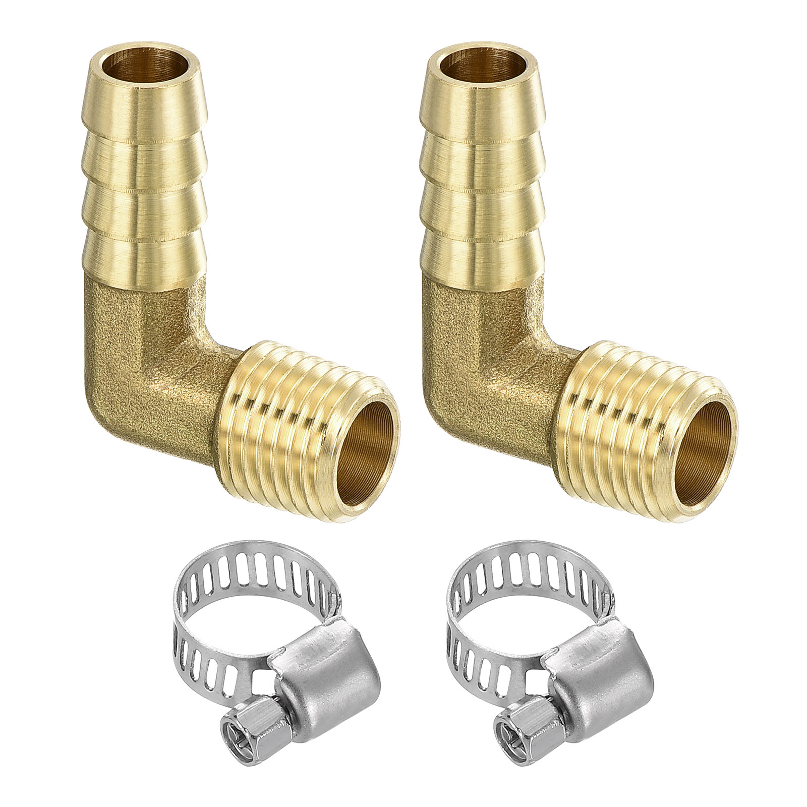 Uxcell 2pack 3/8" Barb x 1/4" NPT Male 90 Degree Brass Elbow Fitting Adapter with Hose Clamps ...