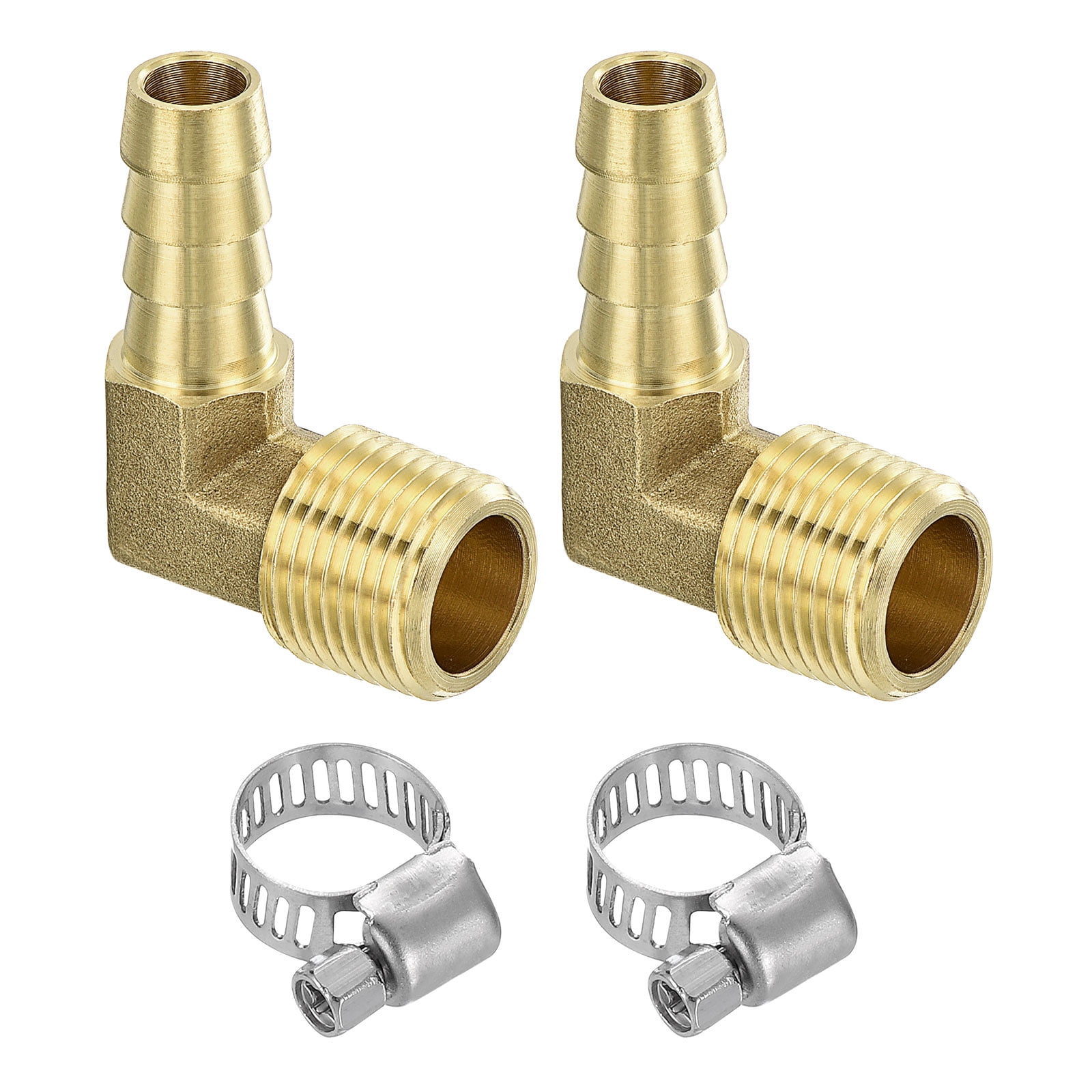Uxcell 2pack 3/8" Barb x 3/8" NPT Male 90 Degree Brass Elbow Fitting Adapter with Hose Clamps ...