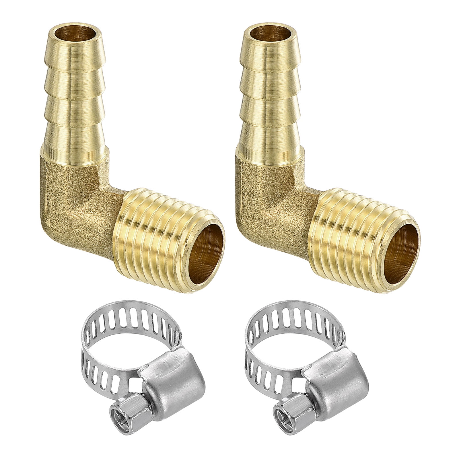 Uxcell 2pack 5/16" Barb x 1/4" NPT Male 90 Degree Brass Elbow Fitting Adapter with Hose Clamps ...