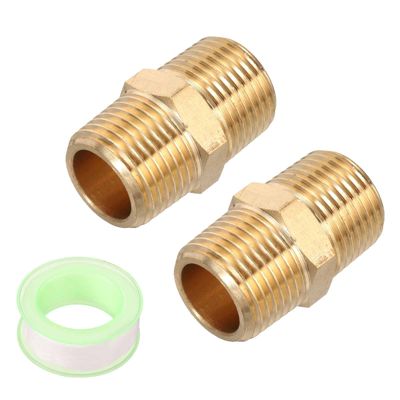 Uxcell 2pcs Hex Nipple Brass Pipe Fitting, 3/8 NPT Male x 3/8 NPT Male Threaded Pipe Adapter ...
