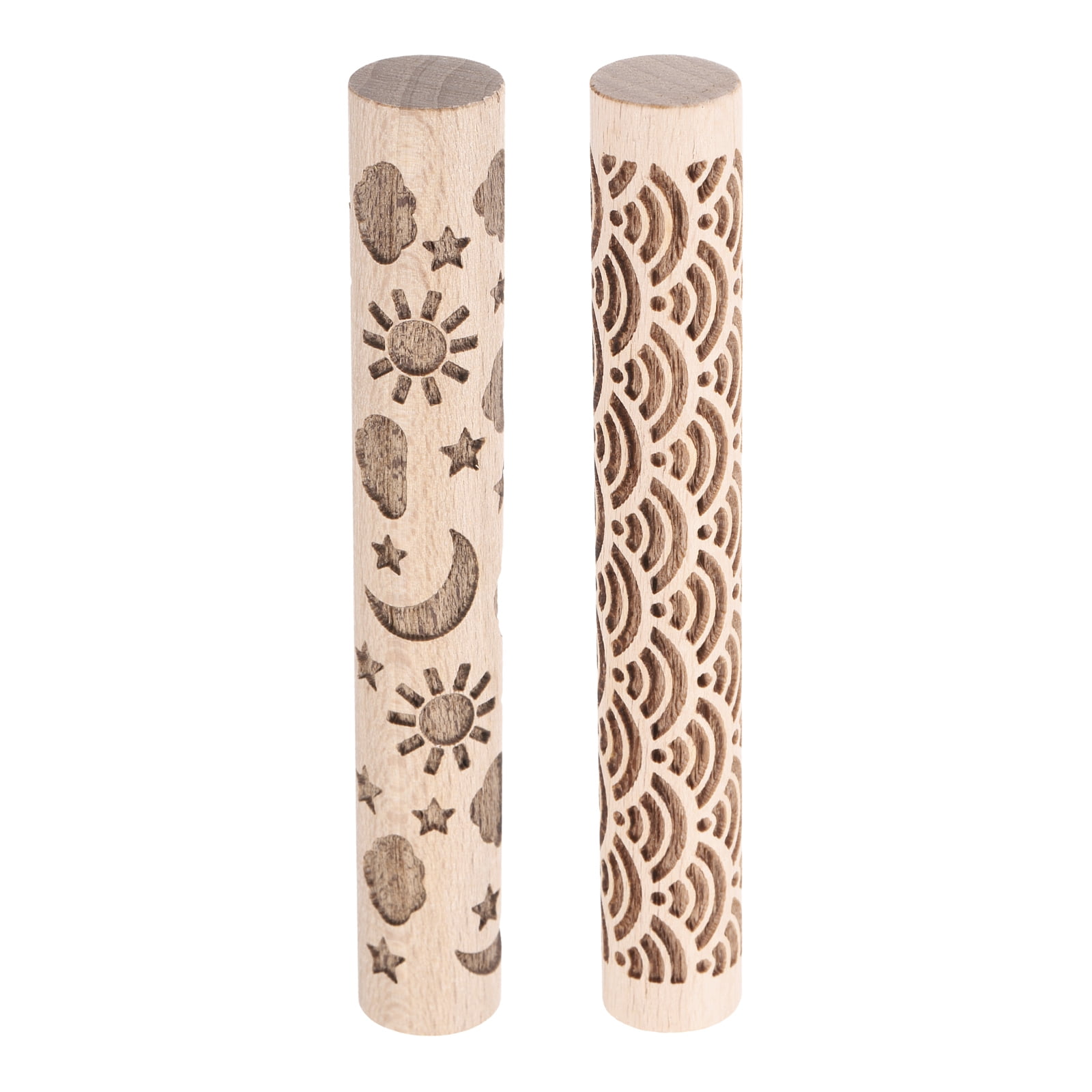 Uxcell 2pcs Wood Clay Roller 4"Water Wave Moon and Stars Pattern ...