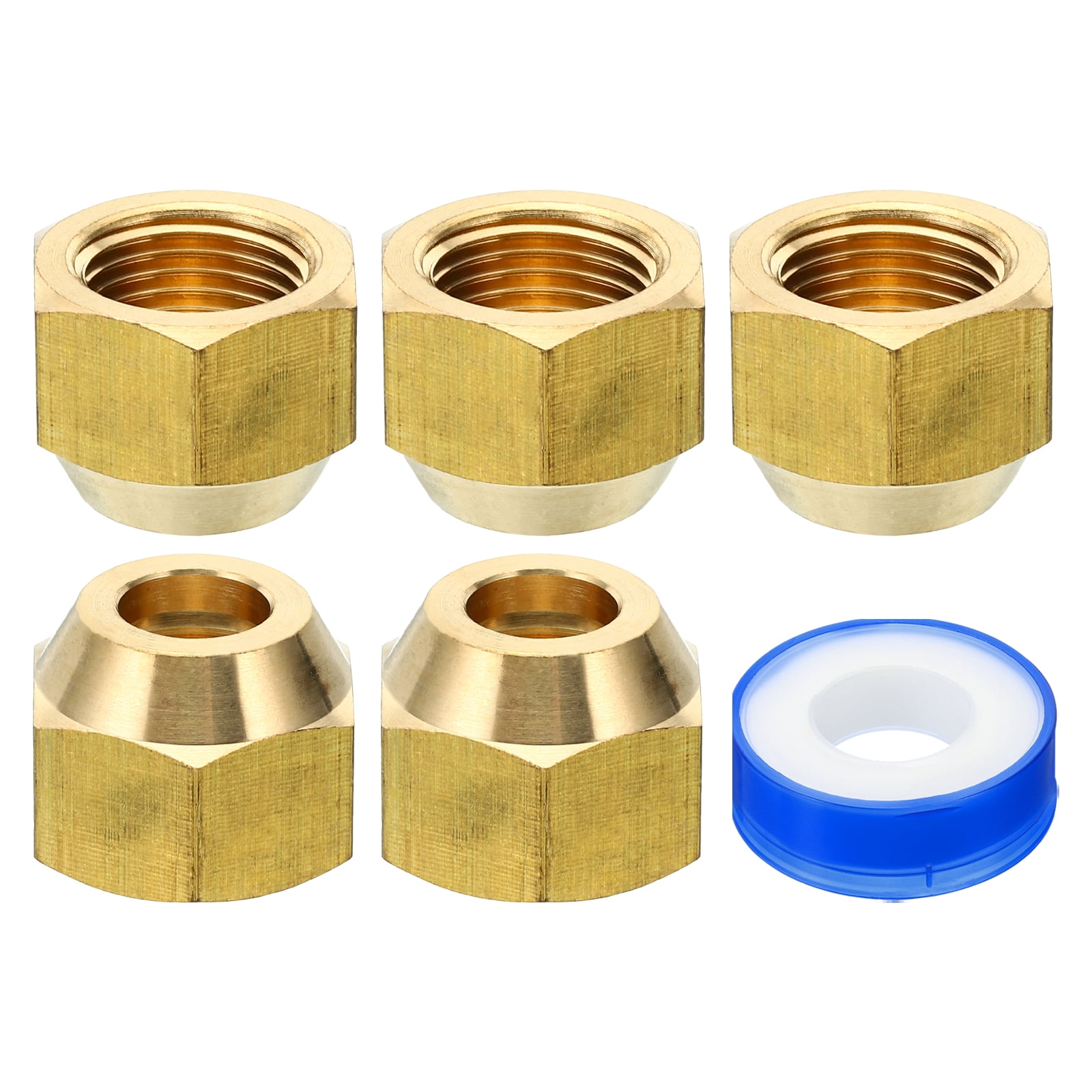 Uxcell 3/8 SAE Brass Flare Nut, 5 Pack 45 Degree Copper Flared Tube ...