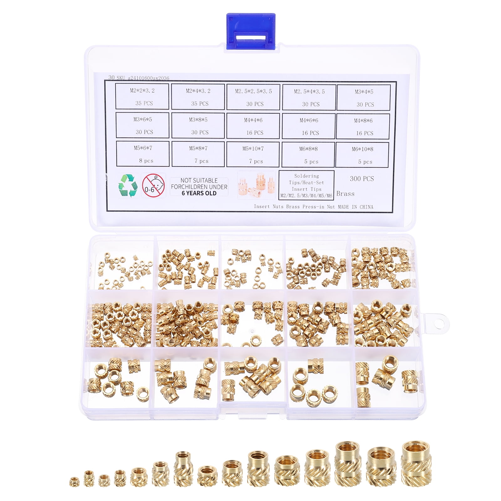 Uxcell 300pcs M2 M2.5 M3 M4 M5 M6 Metric Threaded Inserts Brass Heat ...