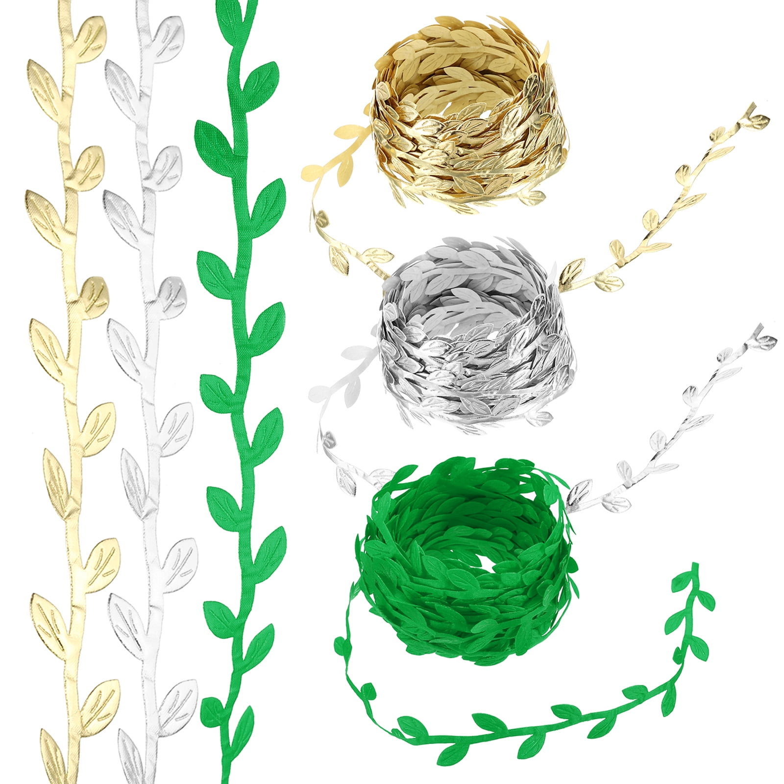 Uxcell 33 Yards Gold Silver Green Leaf Ribbon, Leaves Trim Rope ...