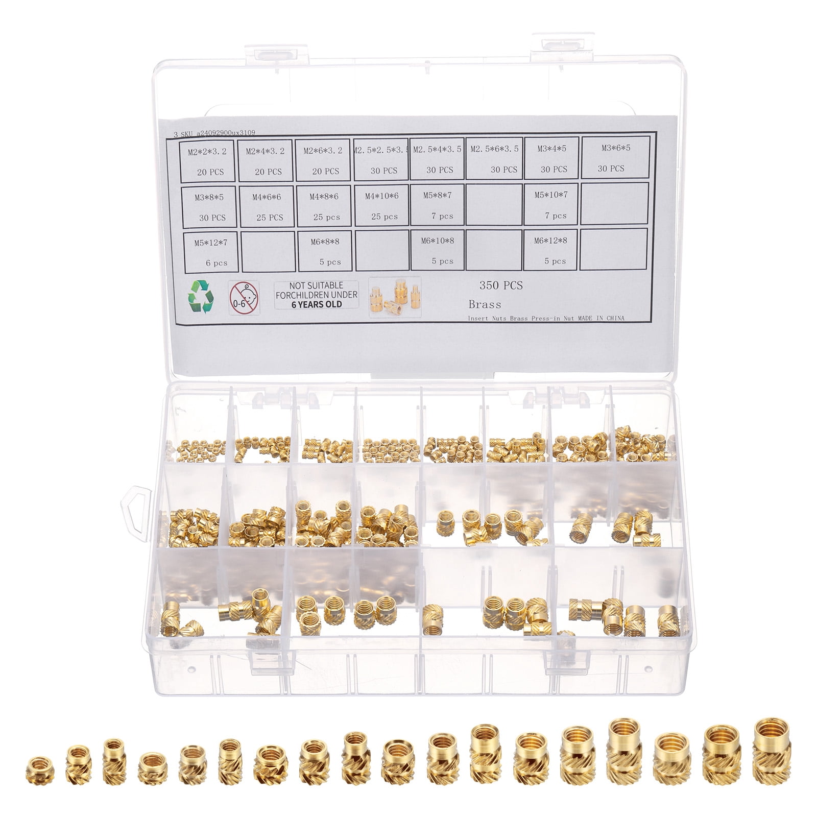 Uxcell 350Pack M2 M2.5 M3 M4 M5 M6 Metric Threaded Inserts Brass Heat ...